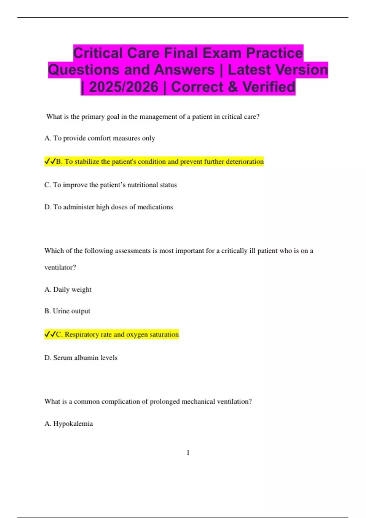 Critical Care Final Exam Practice Questions and Answers | Latest ...