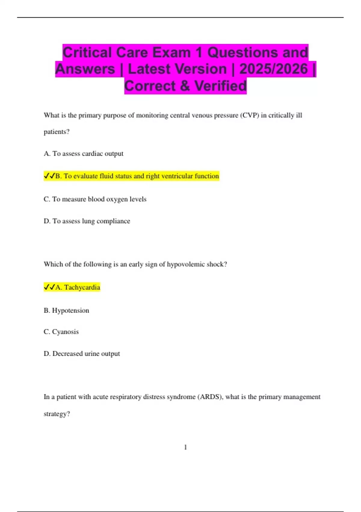 Critical Care Exam 1 Questions and Answers | Latest Version | 2025/2026 ...