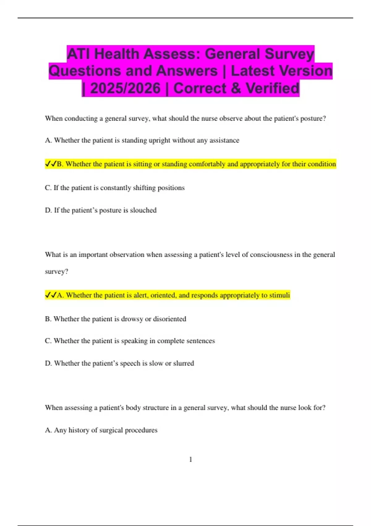 ATI Health Assess: General Survey Questions and Answers | Latest ...