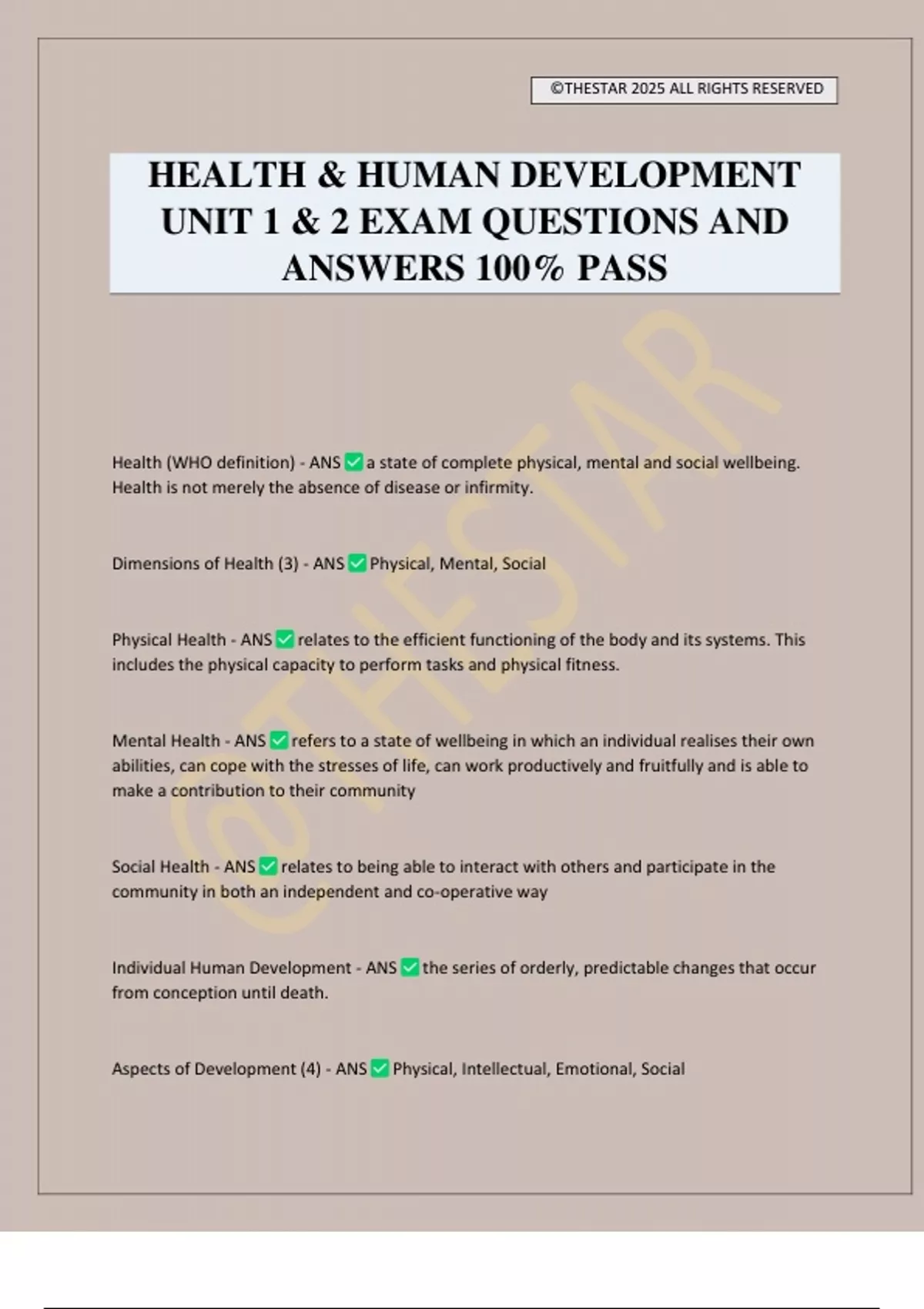 HEALTH & HUMAN DEVELOPMENT UNIT 1 & 2 EXAM QUESTIONS AND ANSWERS 100% ...