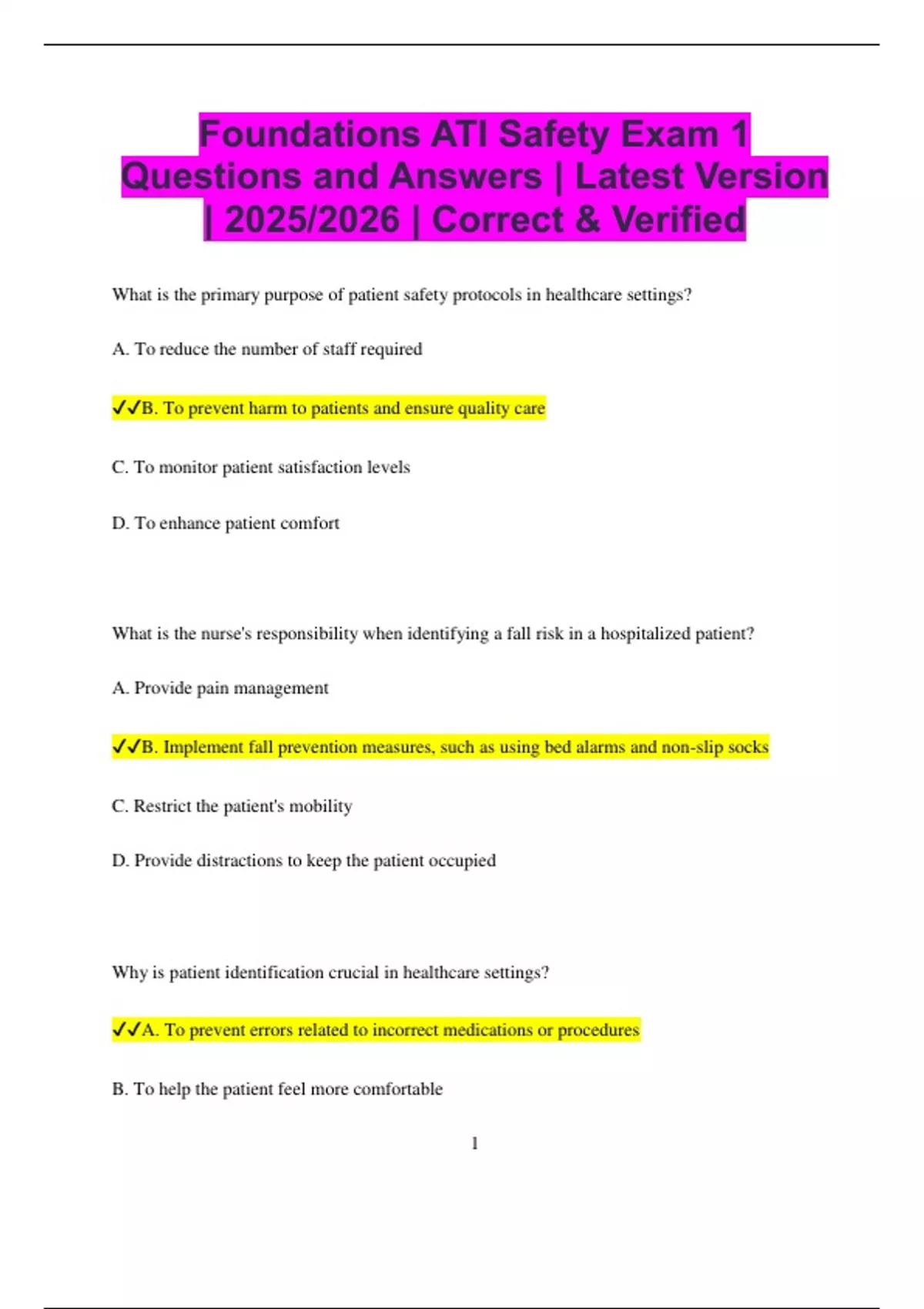 Foundations ATI Safety Exam 1 Questions and Answers | Latest Version ...
