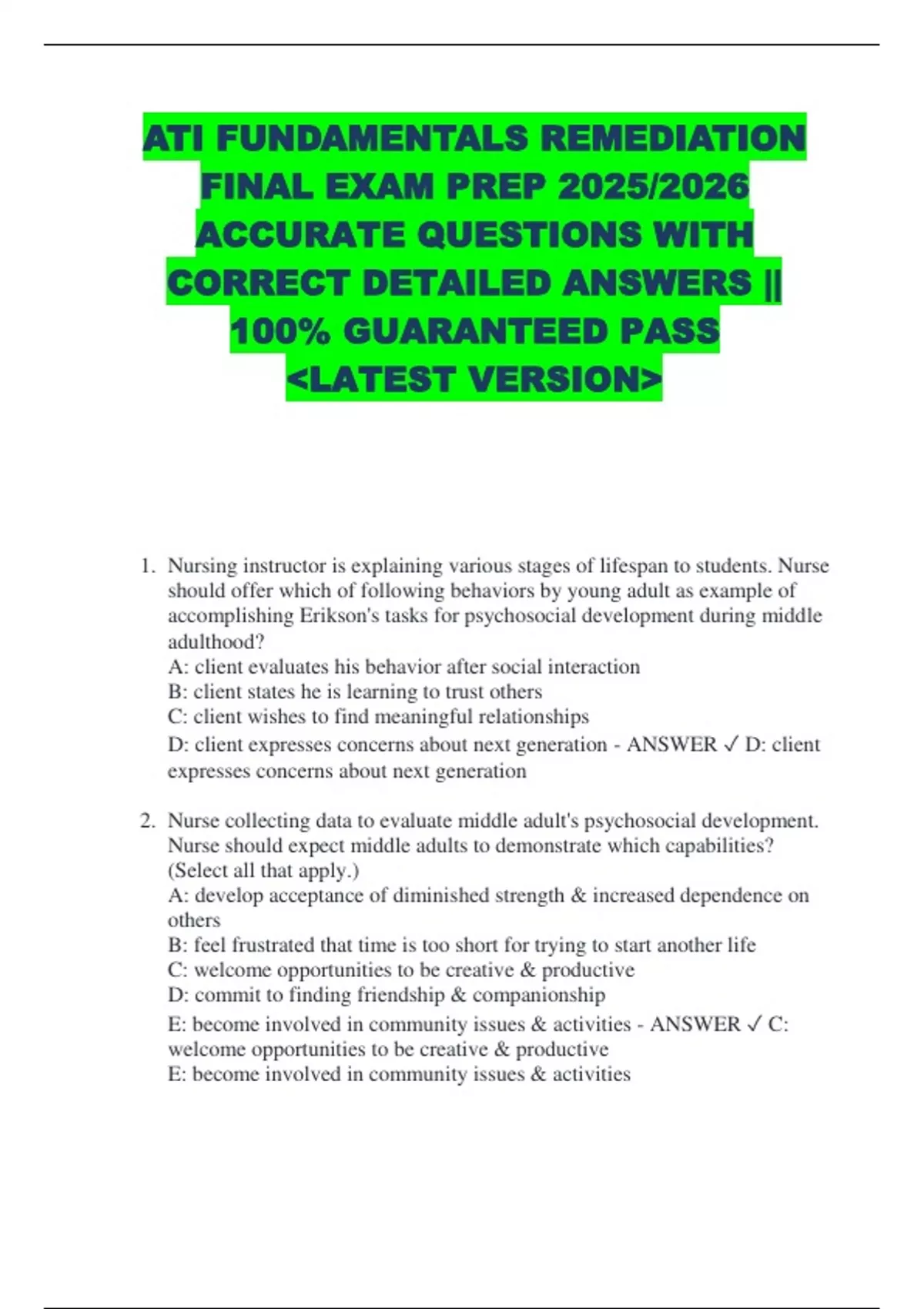 ATI FUNDAMENTALS REMEDIATION FINAL EXAM PREP 2025/2026 ACCURATE ...