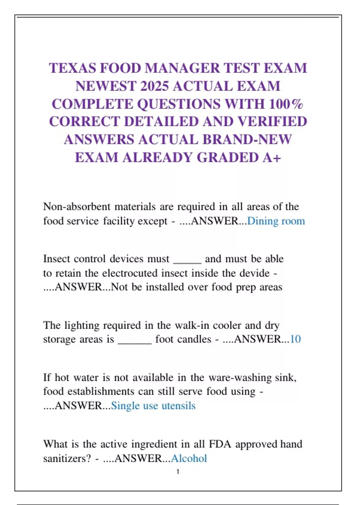 TEXAS FOOD MANAGER TEST EXAM NEWEST 2025 ACTUAL EXAM COMPLETE QUESTIONS ...