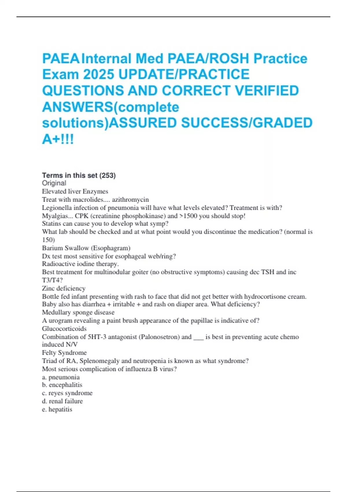 PAEA Internal Med PAEA/ROSH Practice Exam 2025 UPDATE/PRACTICE QUESTIONS AND CORRECT VERIFIED ...