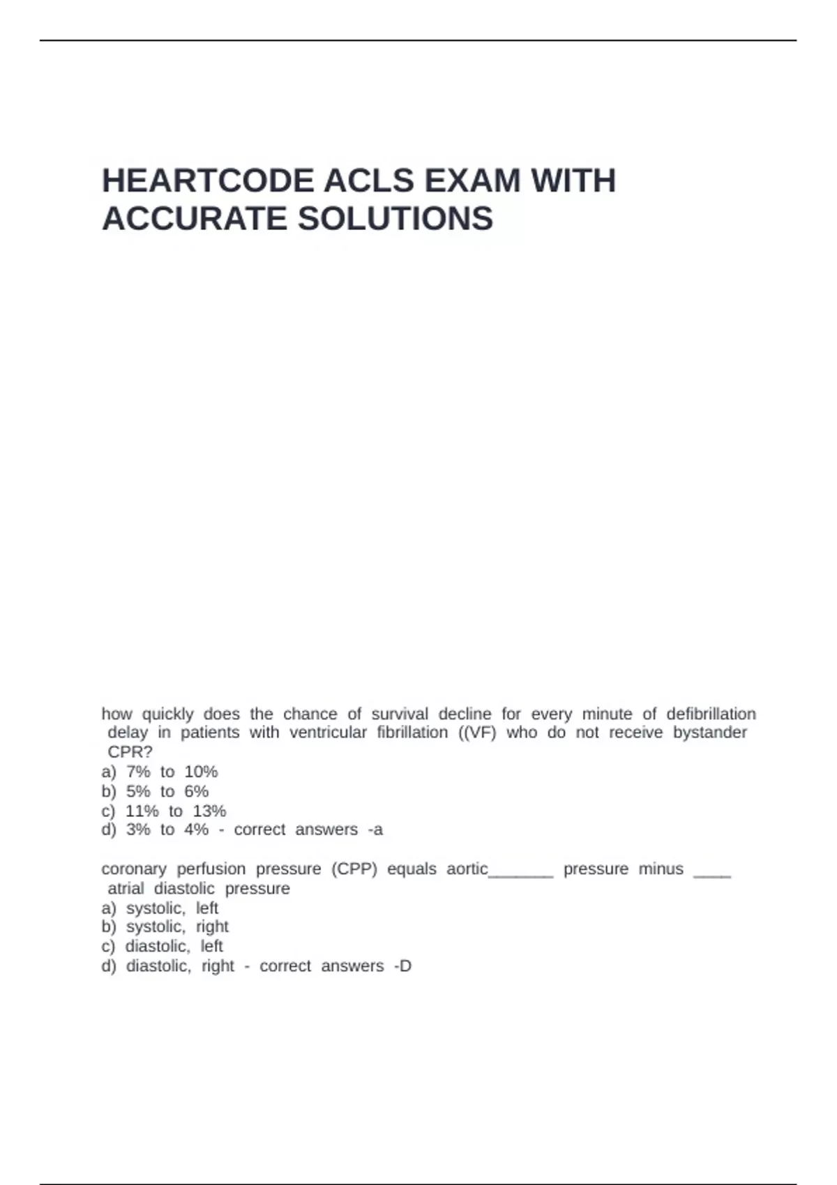 HEARTCODE ACLS EXAM WITH ACCURATE SOLUTIONS - HEARTCODE ACLS - Stuvia US