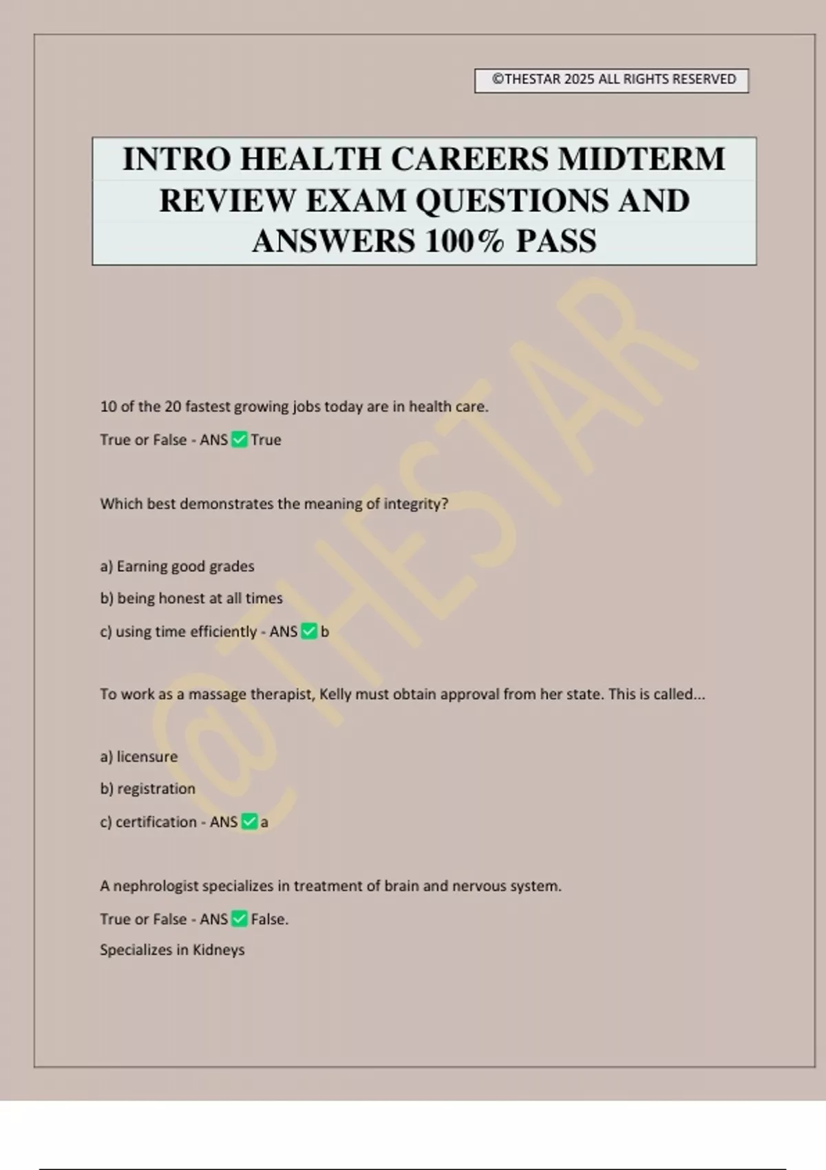 INTRO HEALTH CAREERS MIDTERM REVIEW EXAM QUESTIONS AND ANSWERS 100% PASS - HEALTH CAREERS ...