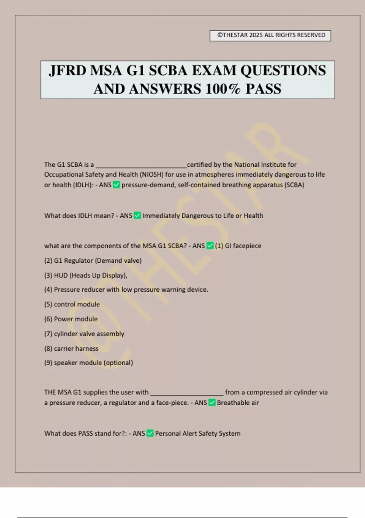 JFRD MSA G1 SCBA EXAM QUESTIONS AND ANSWERS 100% PASS - JFRD MSA - Stuvia US