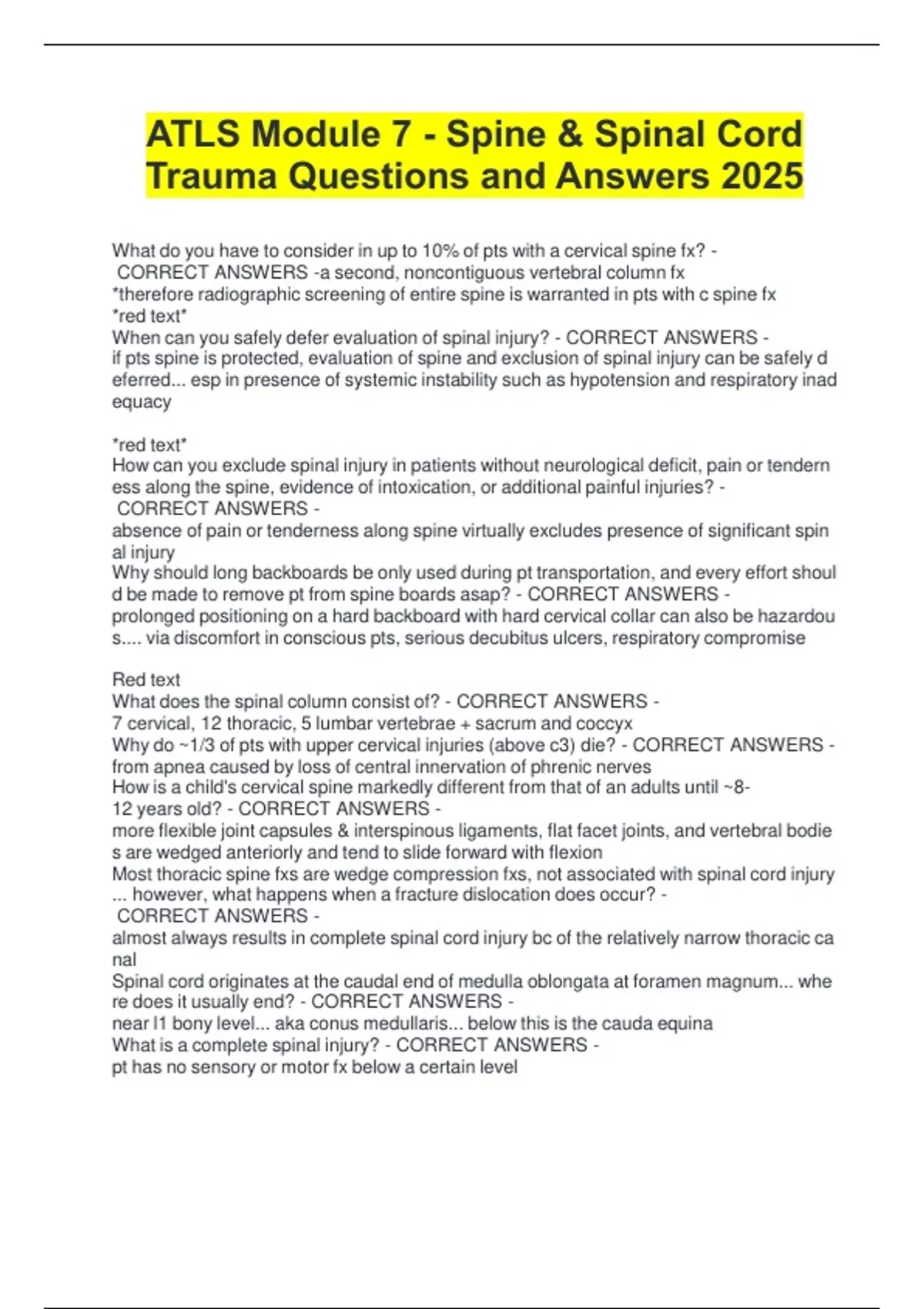 ATLS Module 7 - Spine & Spinal Cord Trauma Questions and Answers 2025 ...