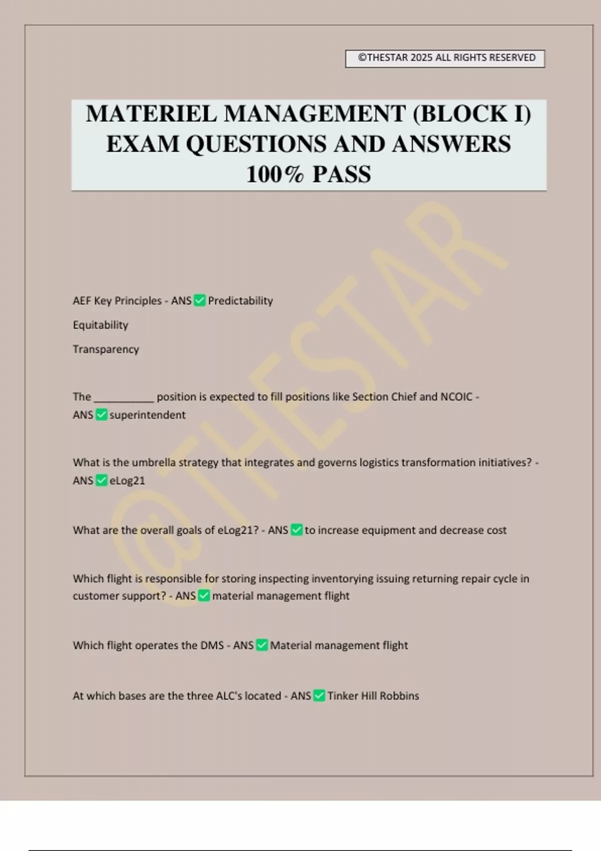 MATERIEL MANAGEMENT (BLOCK I) EXAM QUESTIONS AND ANSWERS 100% PASS ...