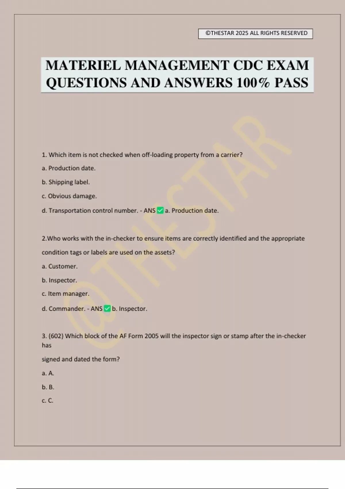 MATERIEL MANAGEMENT CDC EXAM QUESTIONS AND ANSWERS 100% PASS - Materiel ...