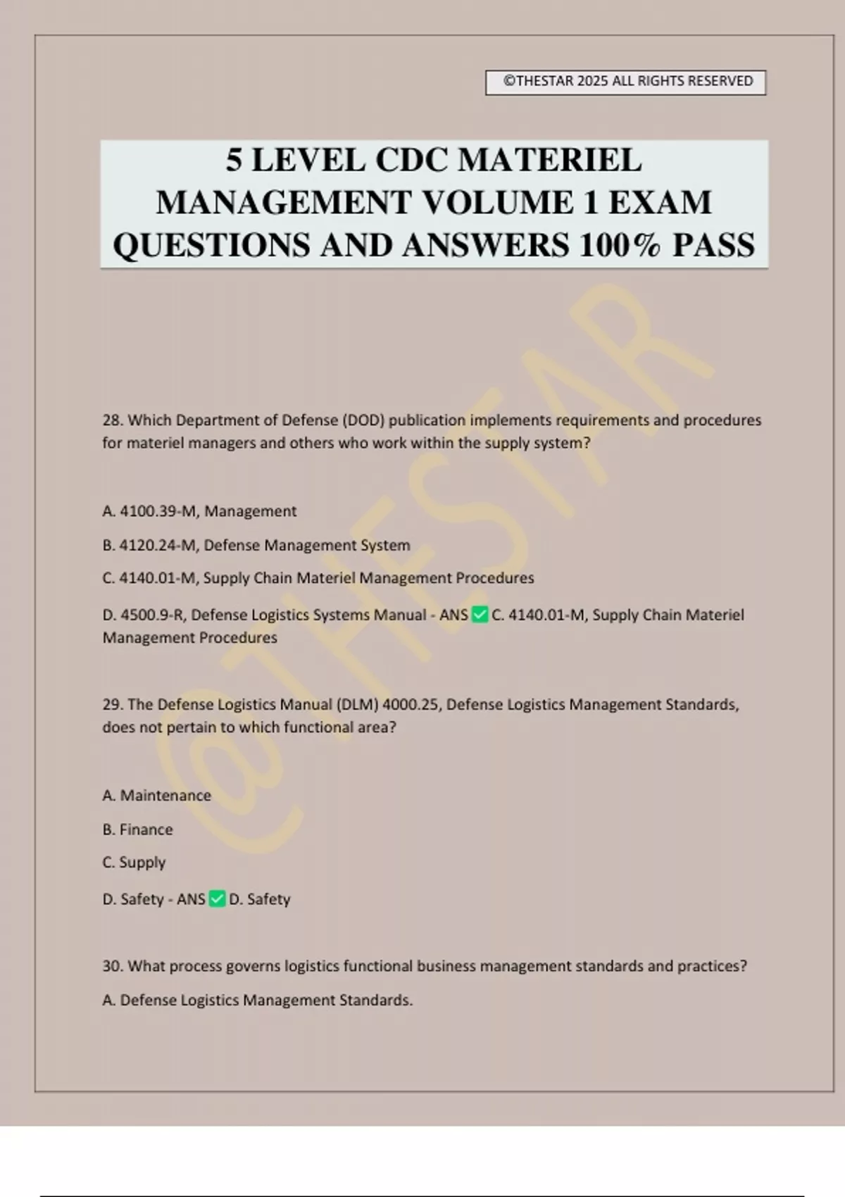 5 LEVEL CDC MATERIEL MANAGEMENT VOLUME 1 EXAM QUESTIONS AND ANSWERS 100% PAS - Materiel ...