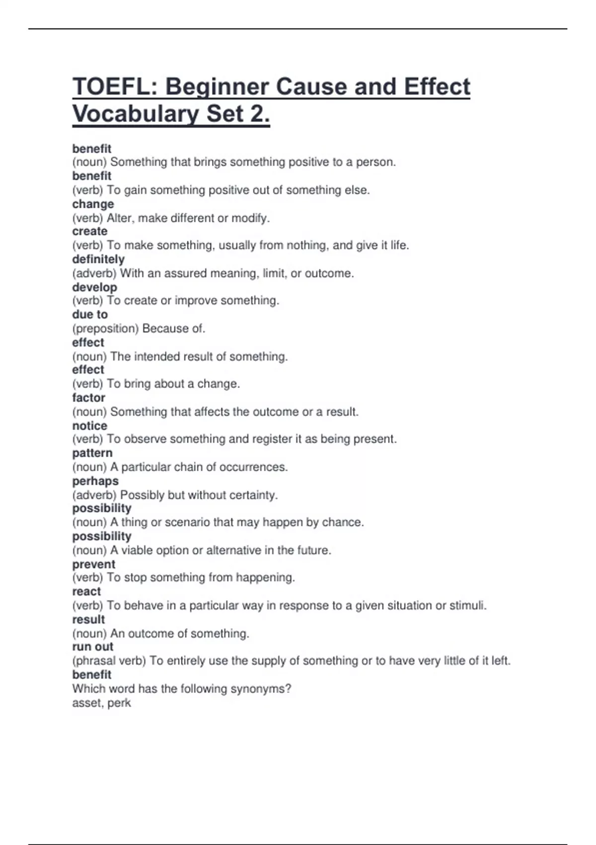 TOEFL Beginner Cause and Effect Vocabulary Set 2 - Toefl - Stuvia US