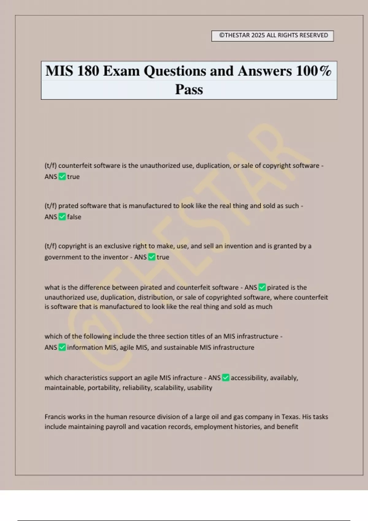 MIS 180 Exam Package Deal Questions and Verified Answers (2025 / 2026 ...