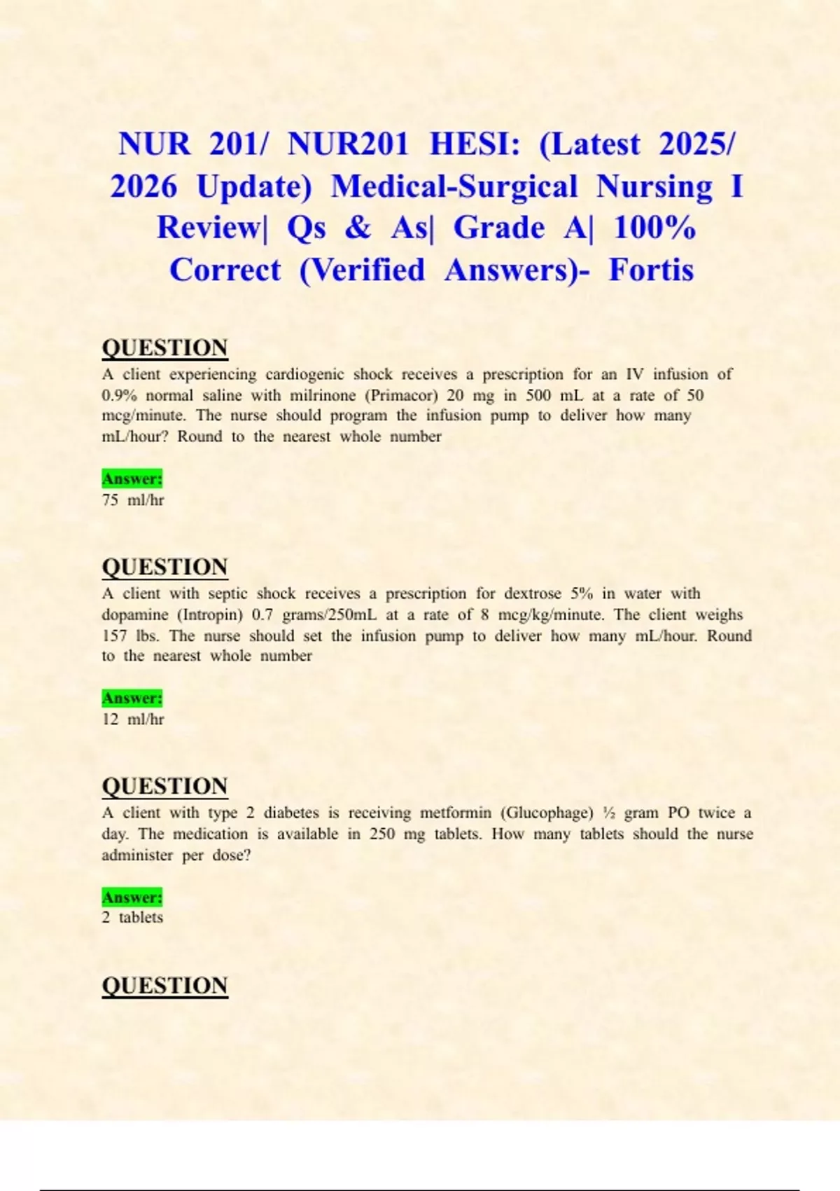 NUR 201/ NUR201 HESI: (Latest 2025/ 2026 Update) Medical-Surgical ...