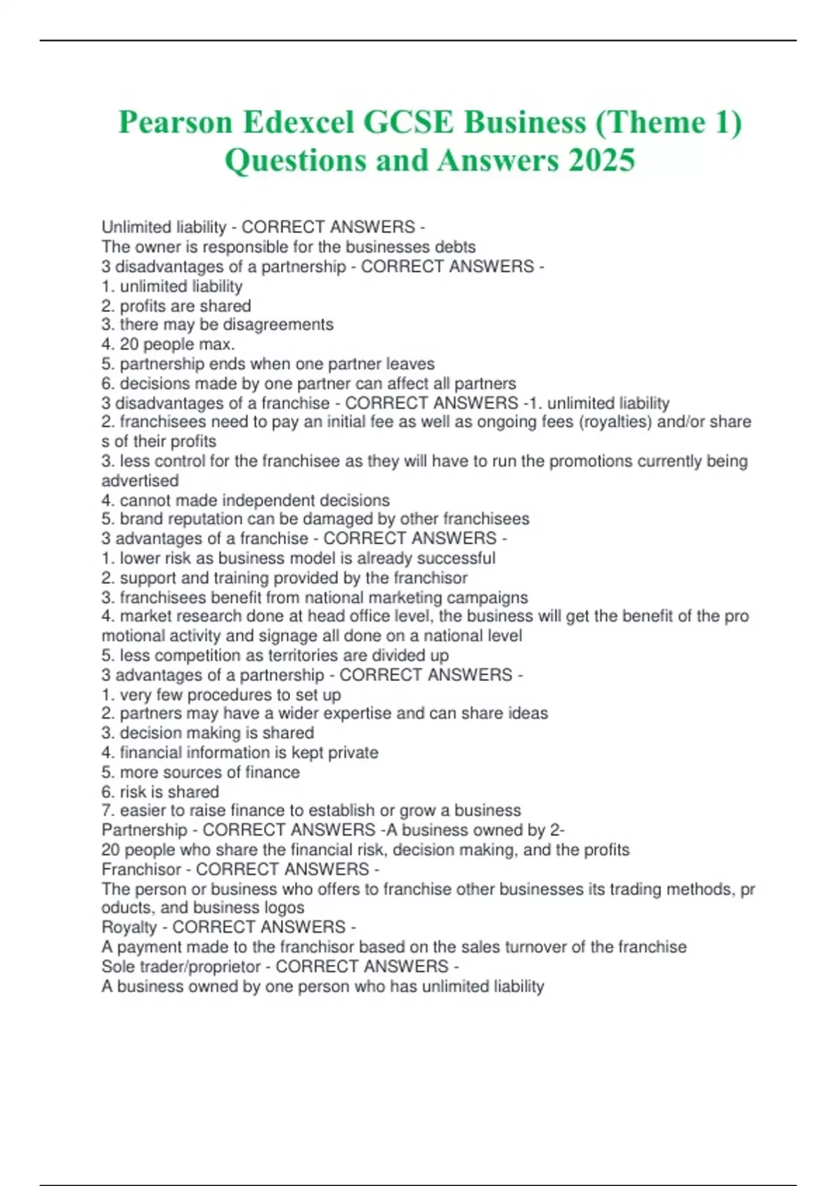 Pearson Edexcel GCSE Business (Theme 1) Questions and Answers 2025 ...