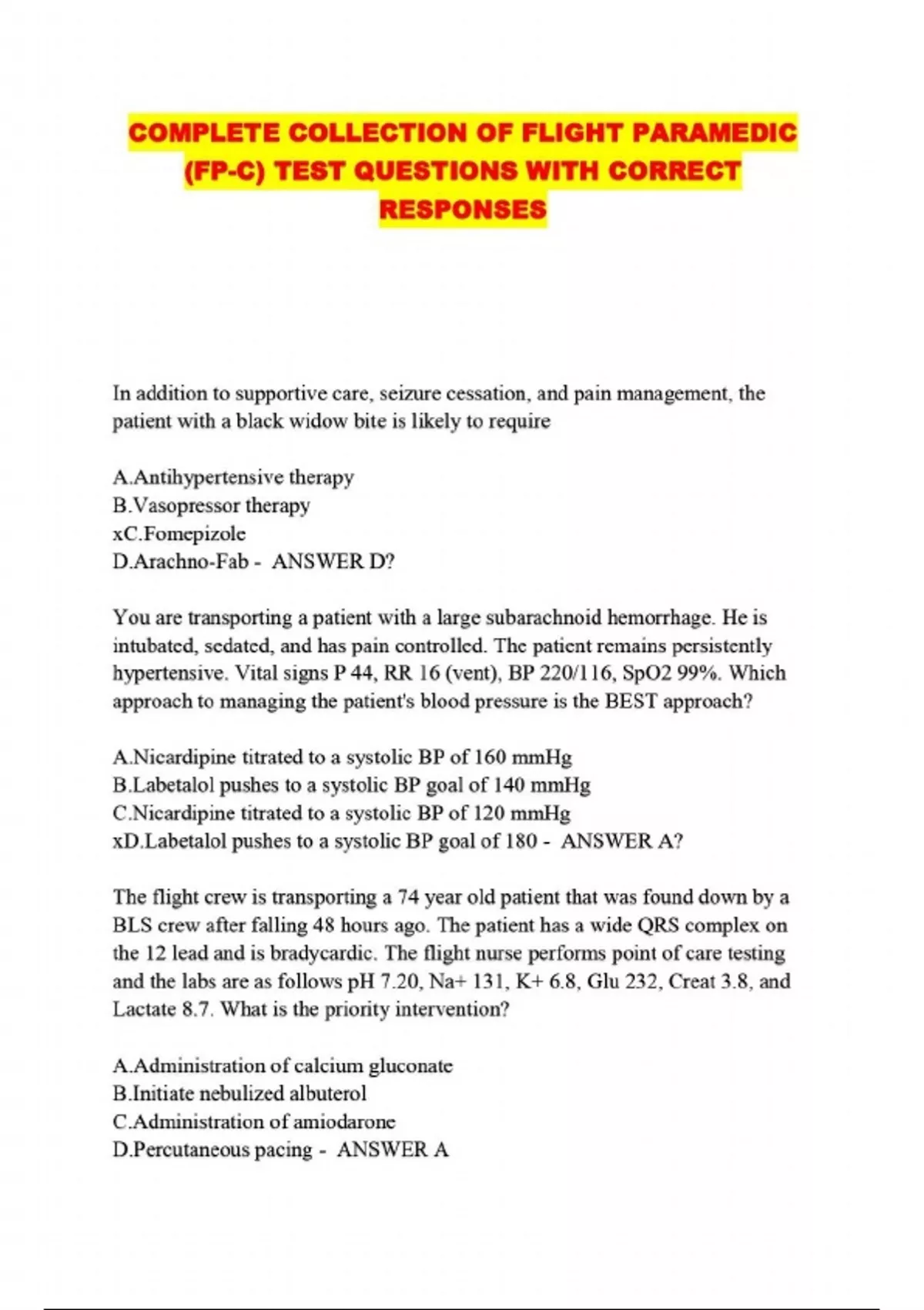 COMPLETE COLLECTION OF FLIGHT PARAMEDIC (FP-C) TEST QUESTIONS WITH ...