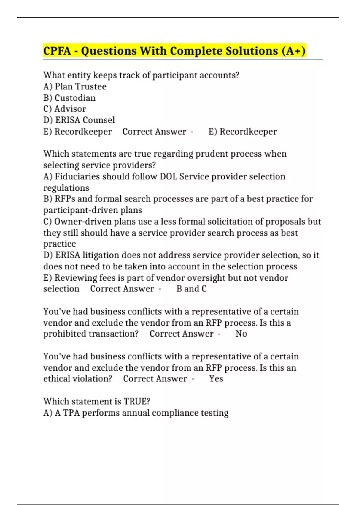 CPFA - Questions With Complete Solutions (A+) - CPFA - Stuvia US
