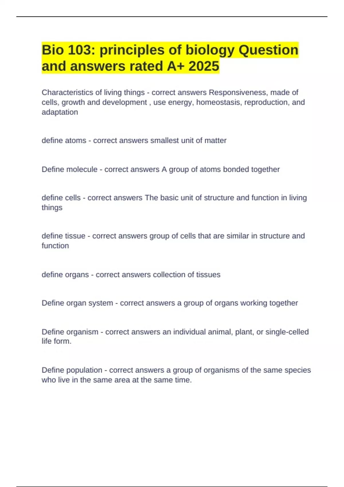 Bio 103: principles of biology Question and answers rated A+ 2025 - Bio ...