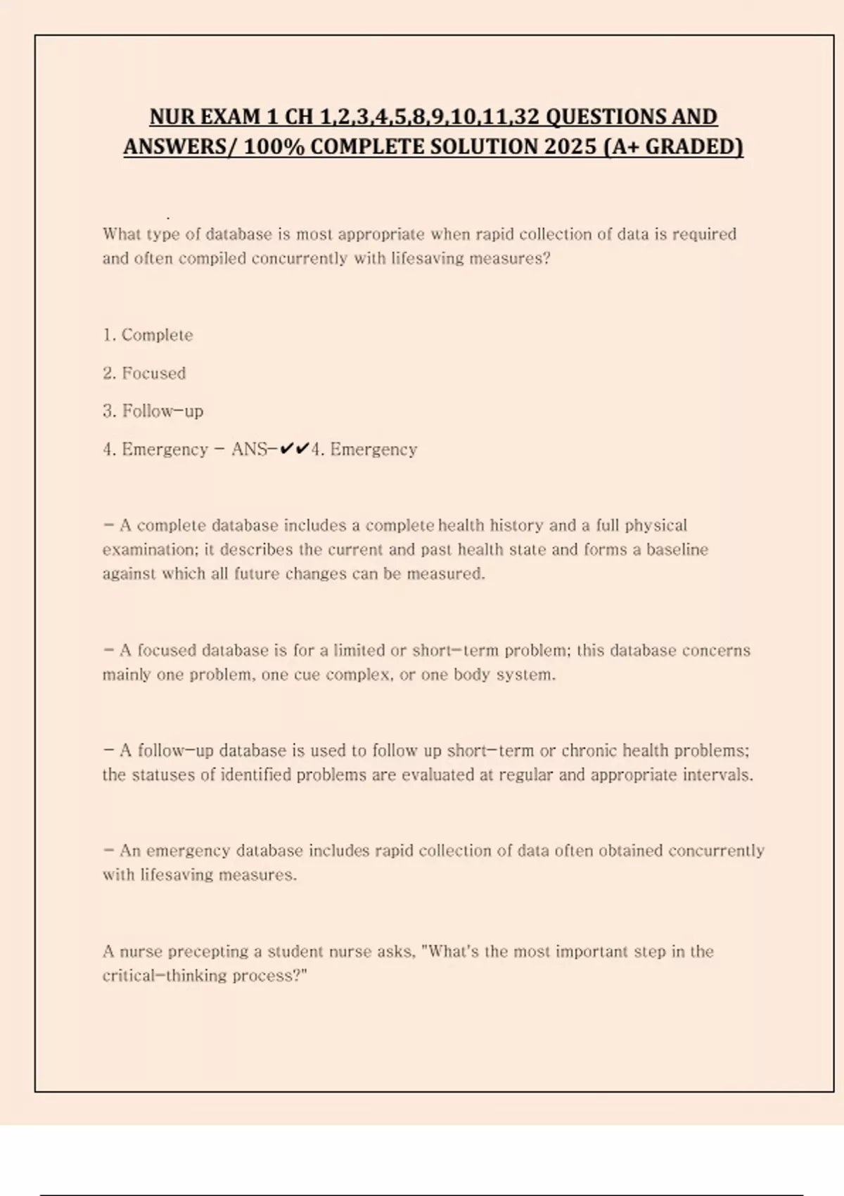 NUR EXAM 1 CH 1,2,3,4,5,8,9,10,11,32 QUESTIONS AND ANSWERS/ 100% ...