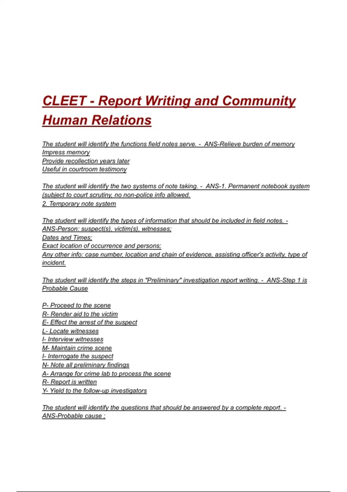 CLEET - Report Writing and Community Human Relations Exam Questions and ...