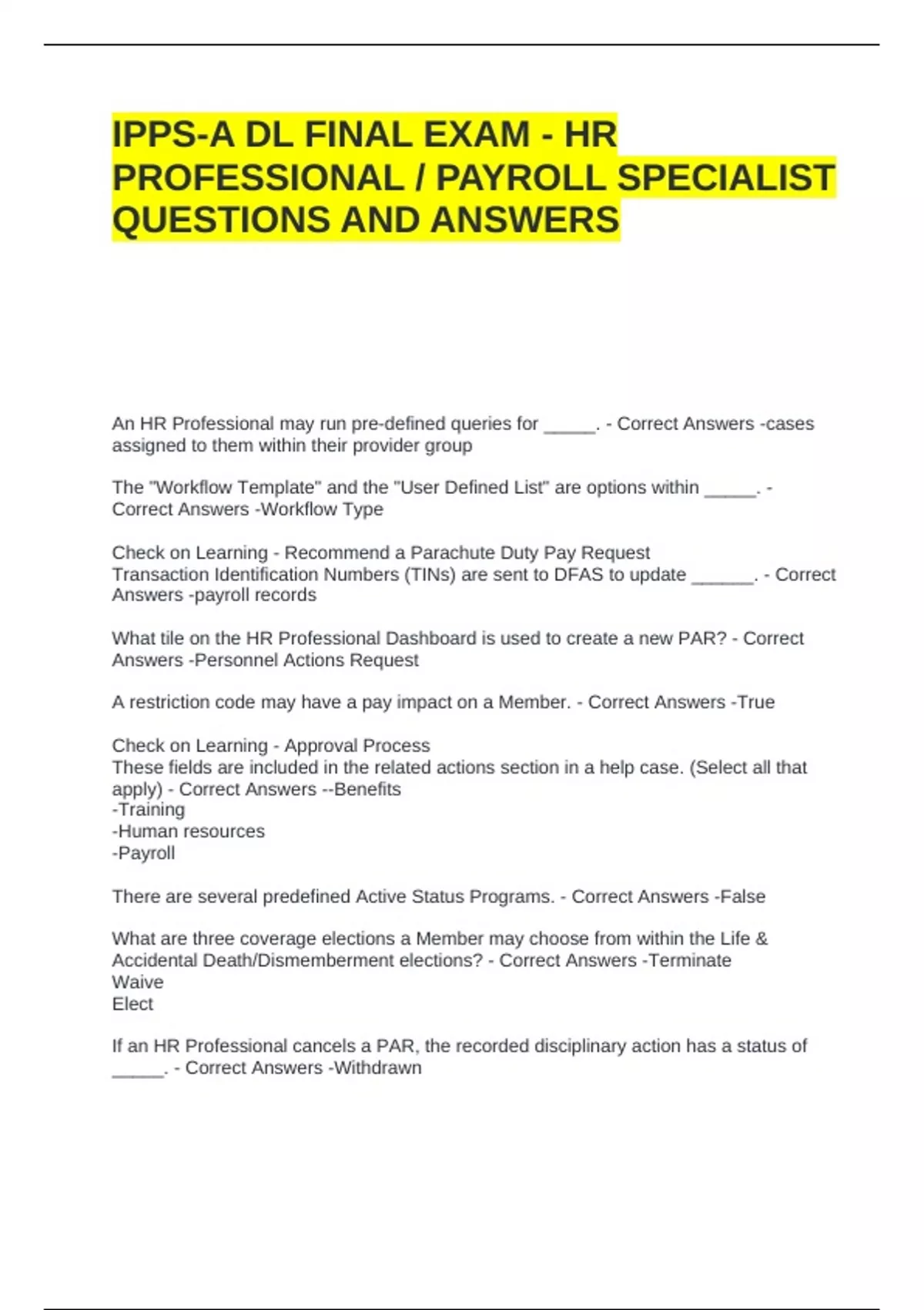 IPPS-A DL FINAL EXAM - HR PROFESSIONAL - PAYROLL SPECIALIST QUESTIONS AND ANSWERS - IPPS-A ...