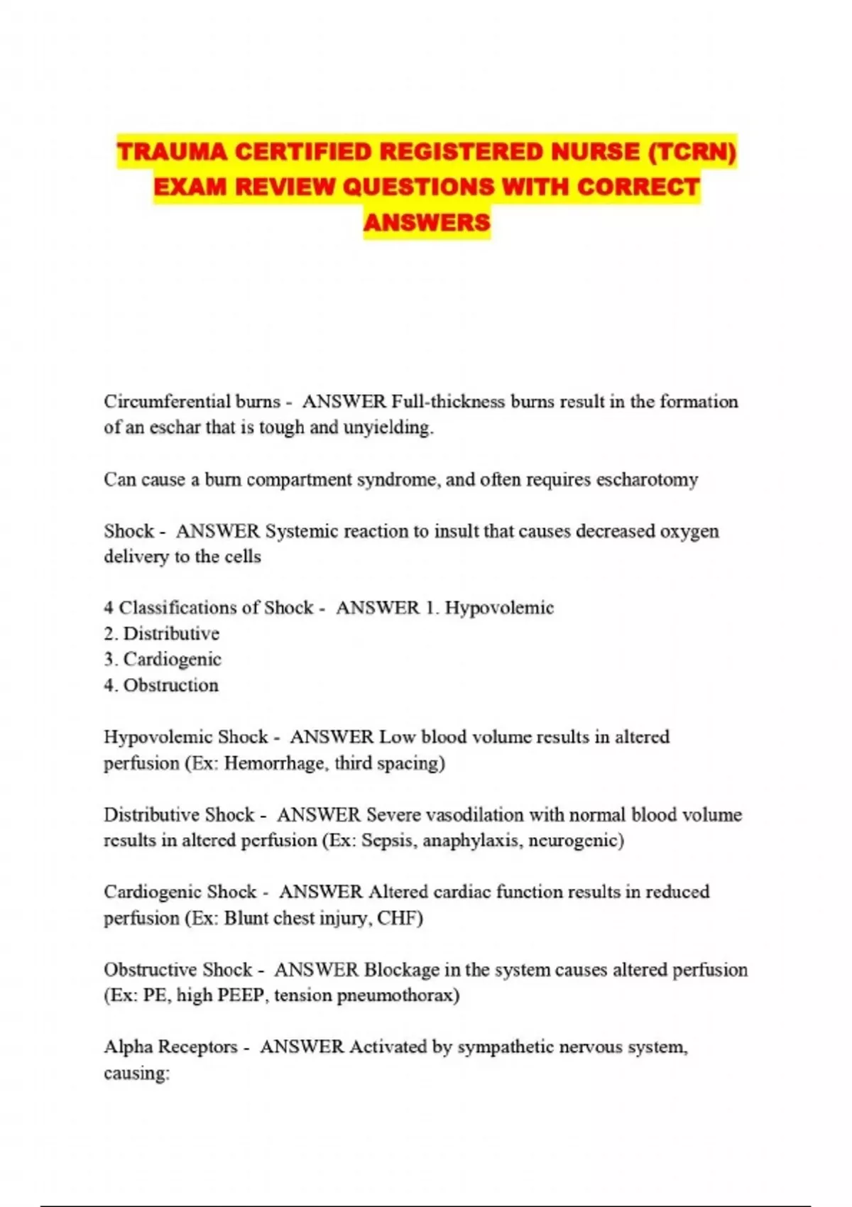 TRAUMA CERTIFIED REGISTERED NURSE (TCRN) EXAM REVIEW QUESTIONS WITH ...