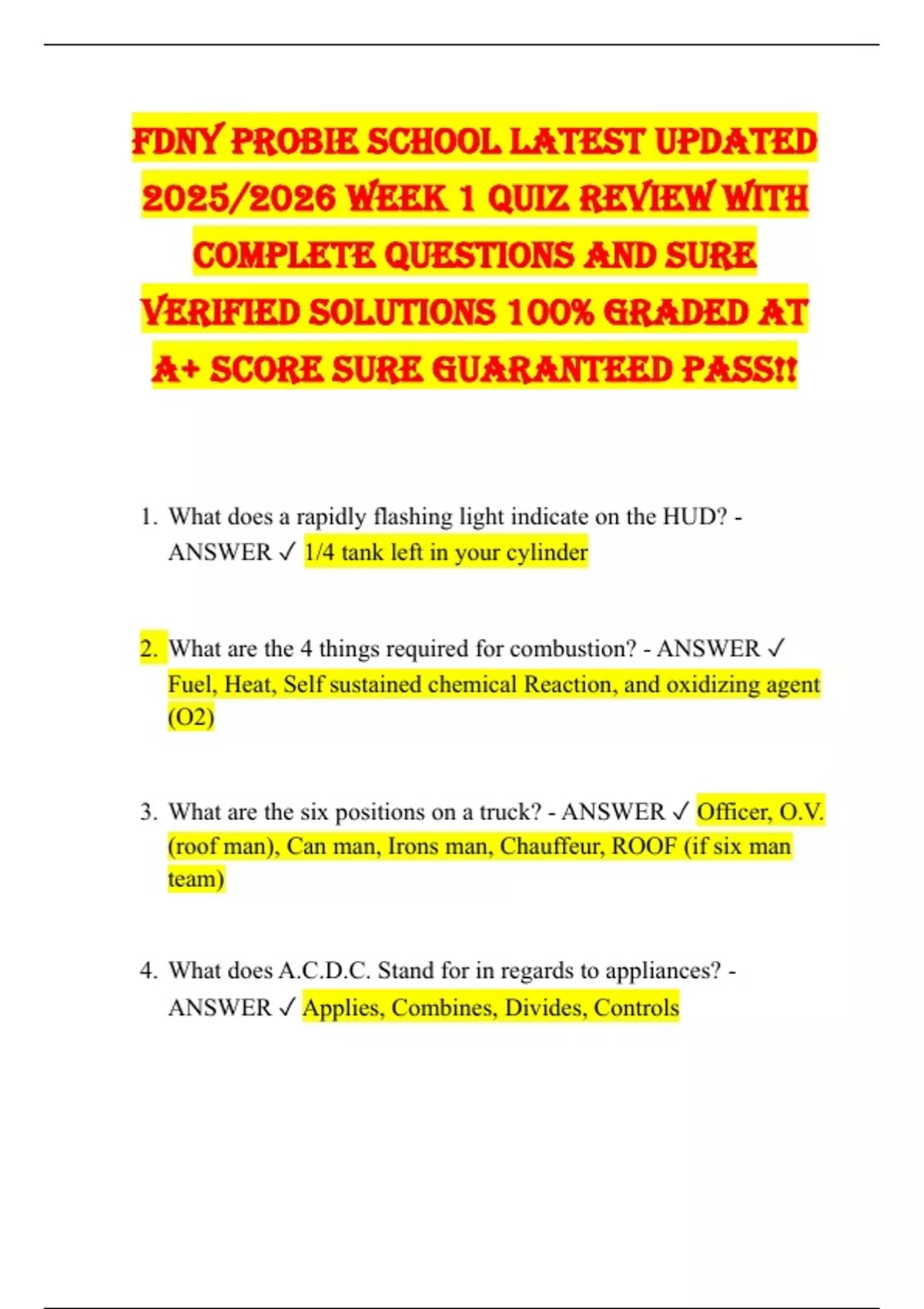 FDNY Probie School LATEST UPDATED 2025/2026 Week 1 Quiz Review WITH ...