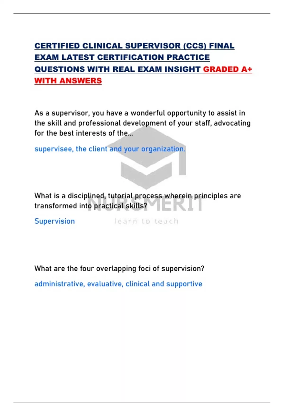 CERTIFIED CLINICAL SUPERVISOR (CCS) FINAL EXAM LATEST 2025 ...