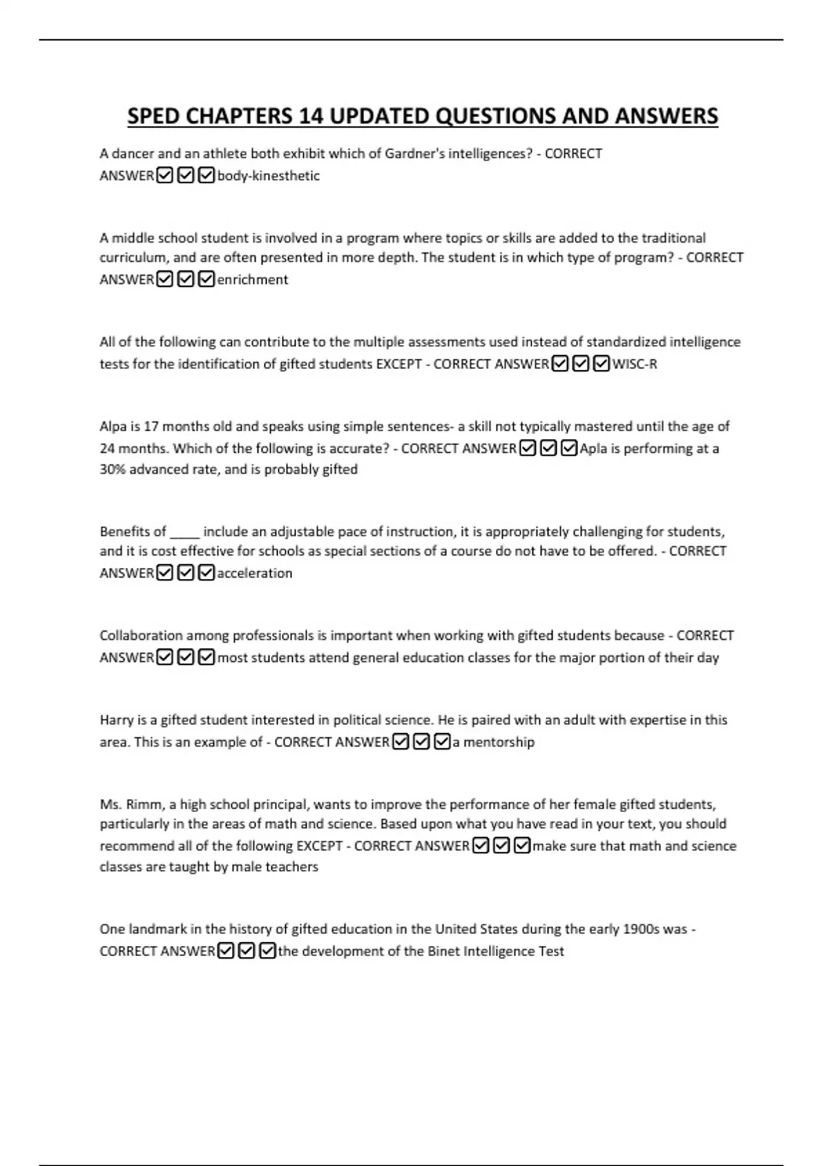 SPED CHAPTERS 14 UPDATED QUESTIONS AND ANSWERS - SPED - Stuvia US