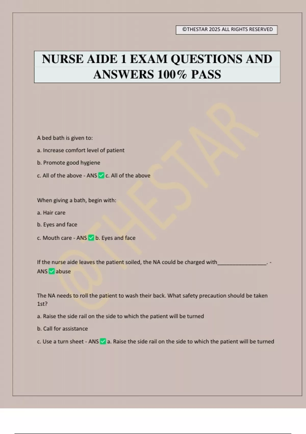 NURSE AIDE 1 EXAM QUESTIONS AND ANSWERS 100% PASS - NURSE AIDE 1 ...