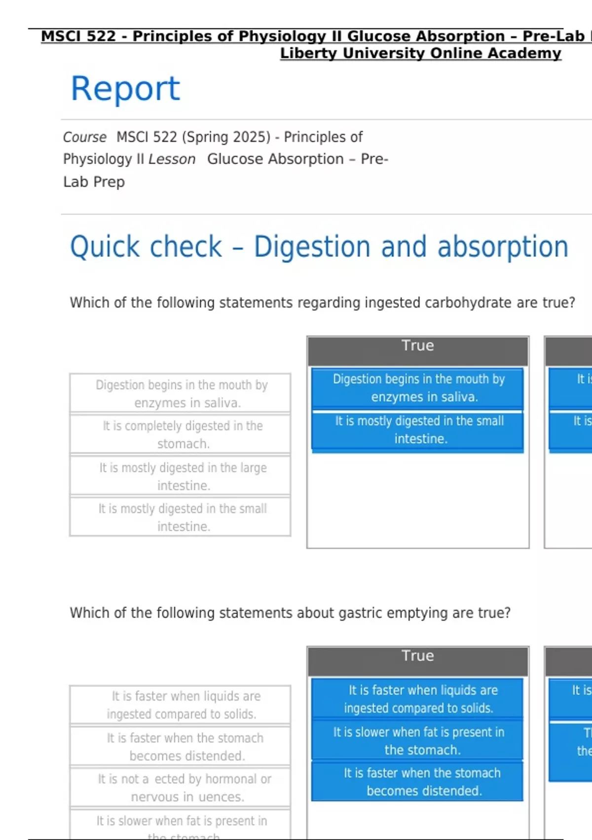 MSCI 522 - Principles of Physiology II Glucose Absorption – Pre-Lab Prep report (Spring 2025 ...
