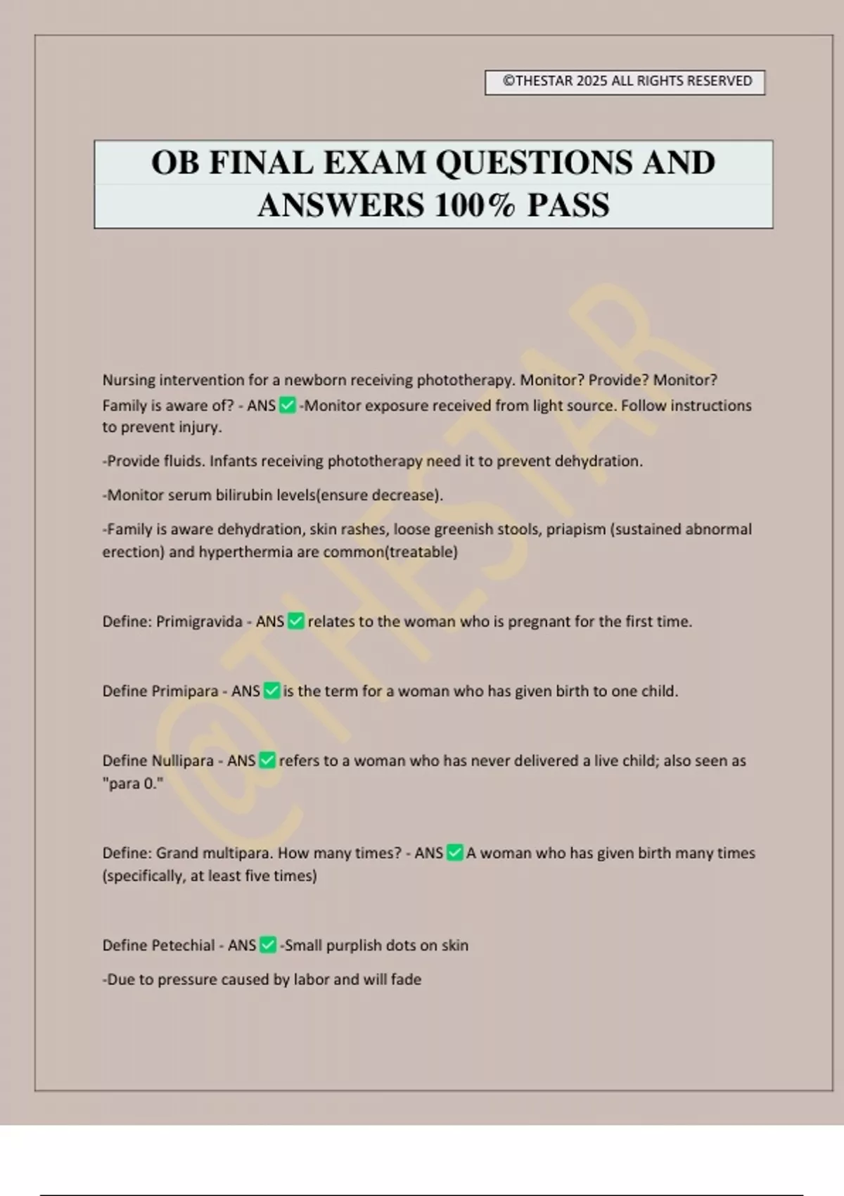 OB FINAL EXAM QUESTIONS AND ANSWERS 100% PASS - O B - Stuvia US