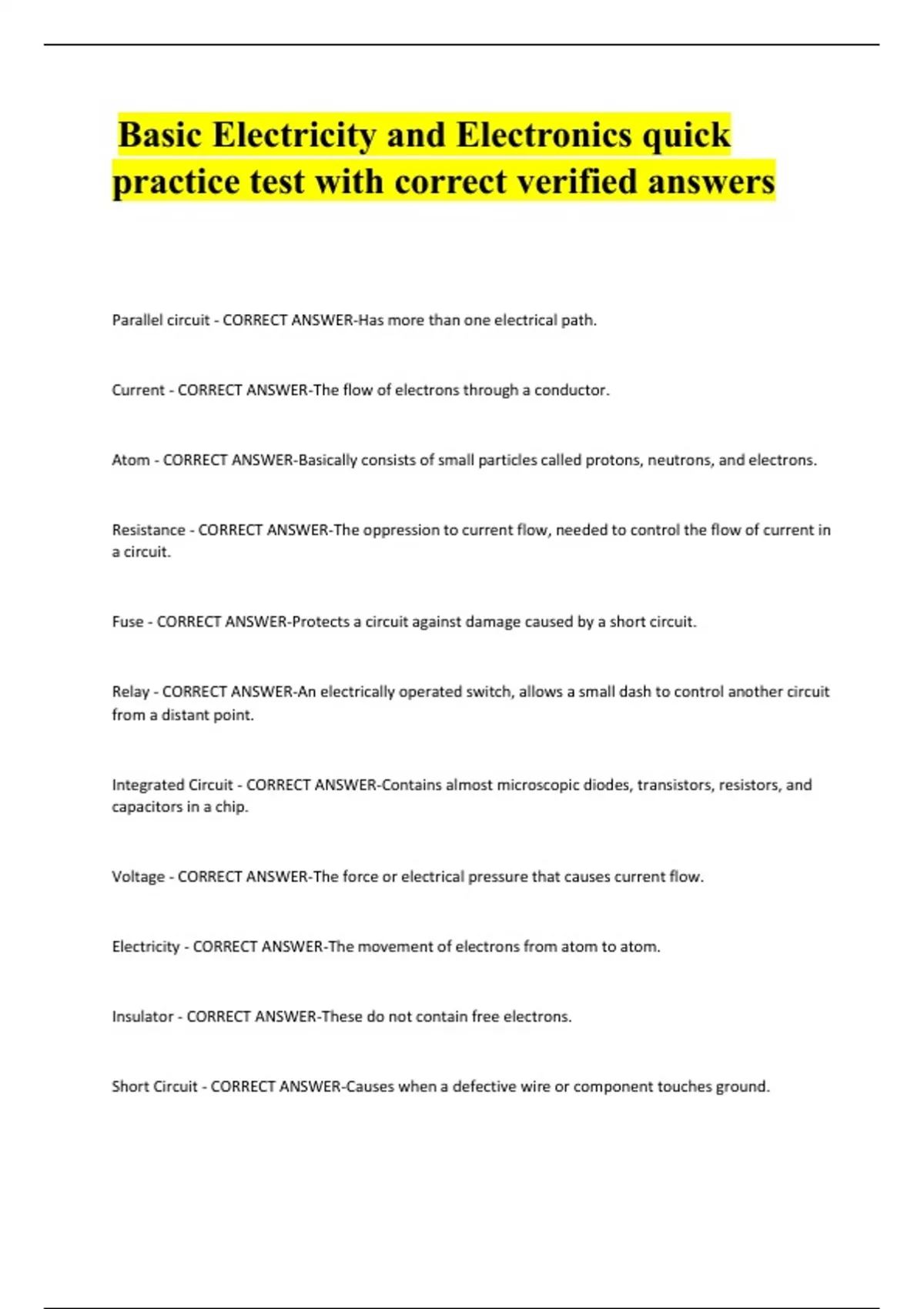 Basic Electricity and Electronics quick practice test with correct ...