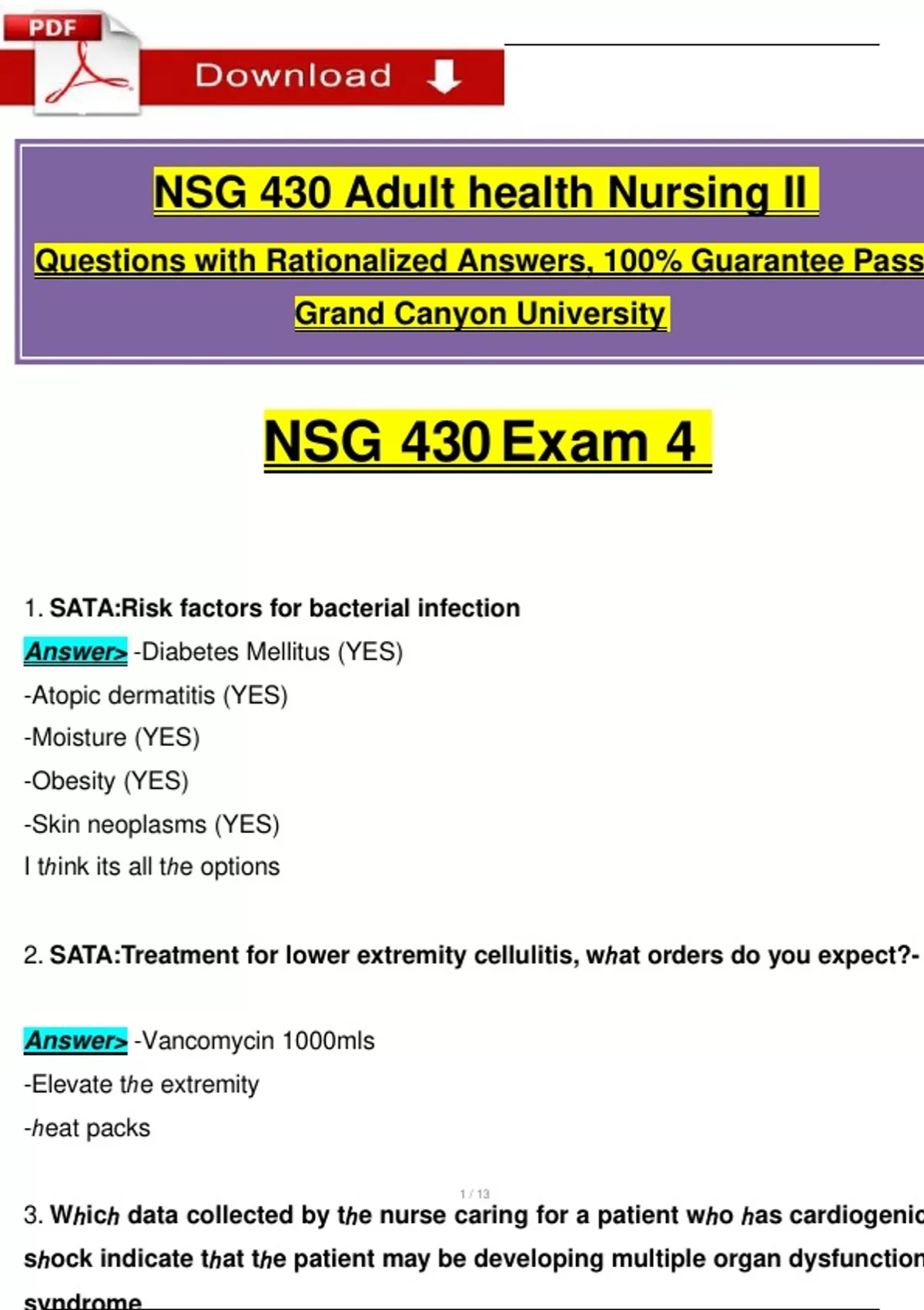 NSG 430 Exam 4 Adult Health Nursing II Tested Questions (Latest 2025 / ...