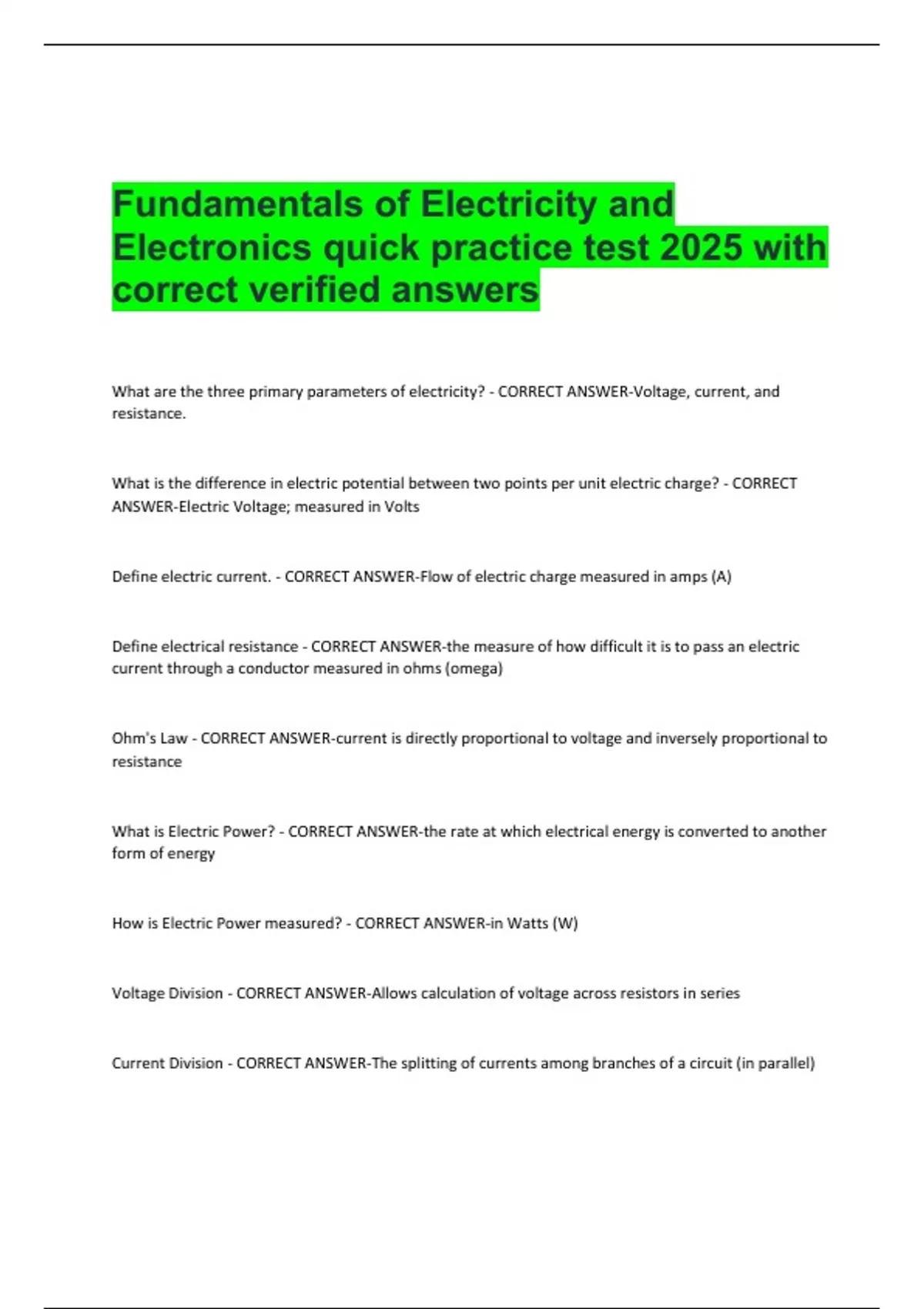 Fundamentals of Electricity and Electronics quick practice test 2025 ...