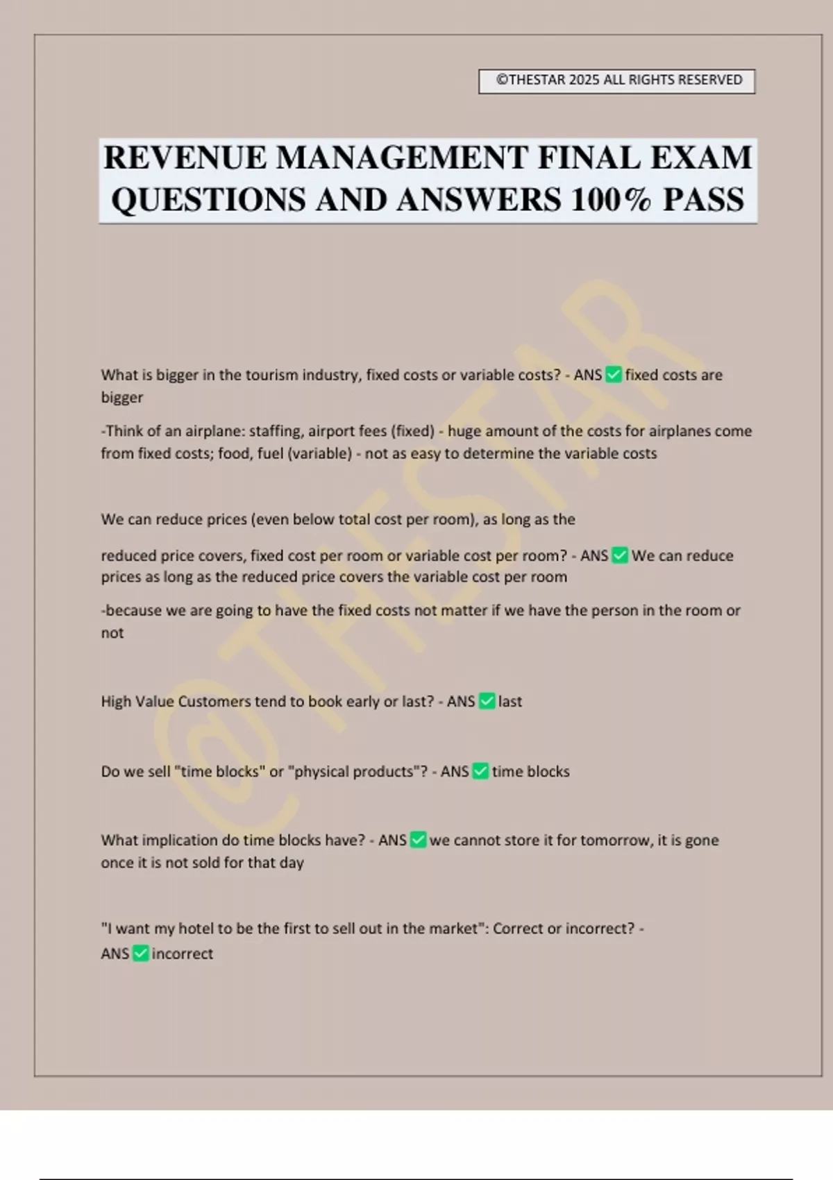 REVENUE MANAGEMENT FINAL EXAM QUESTIONS AND ANSWERS 100% PASS - REVENUE ...