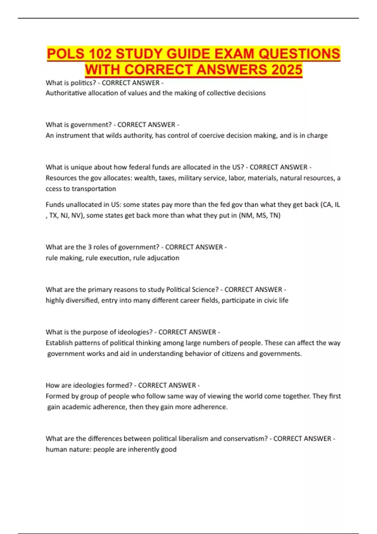 POLS 102 STUDY GUIDE EXAM QUESTIONS WITH CORRECT ANSWERS 2025 - POLS ...