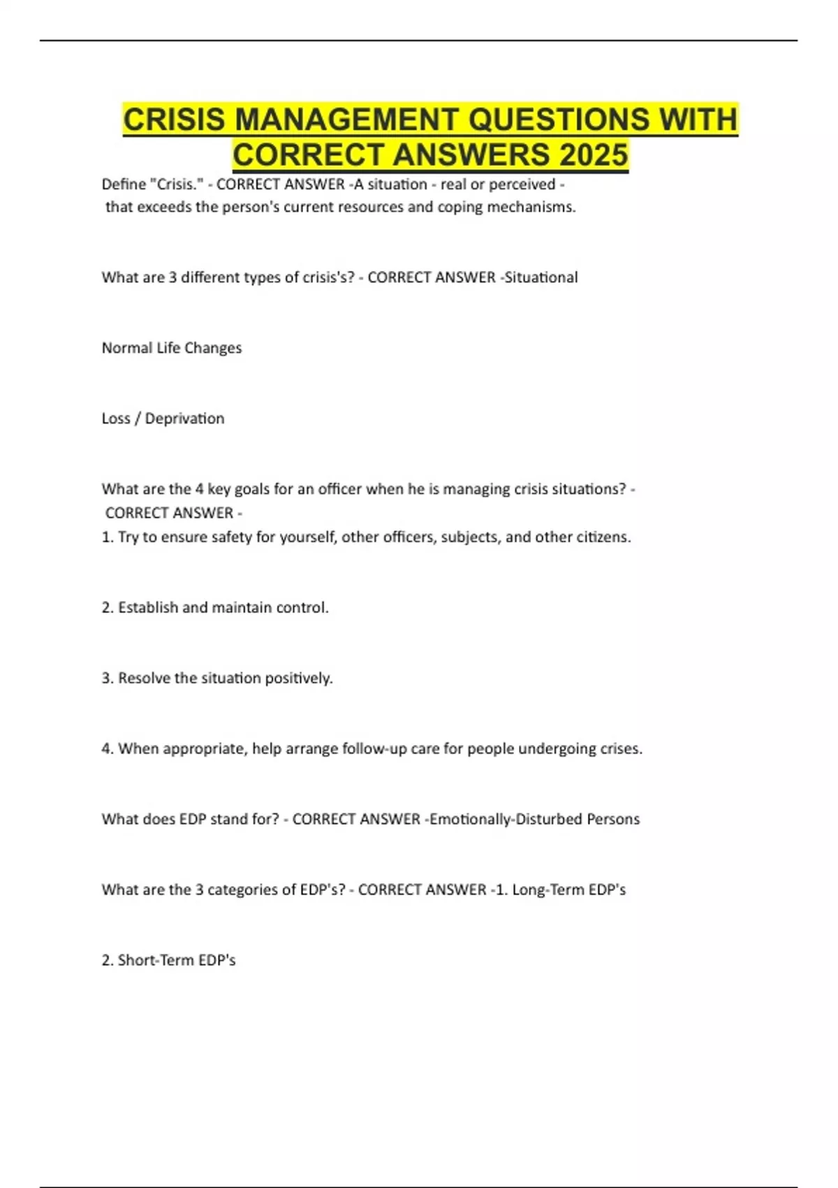 Safe crisis management Exam Questions with 100% Correct Answers ...