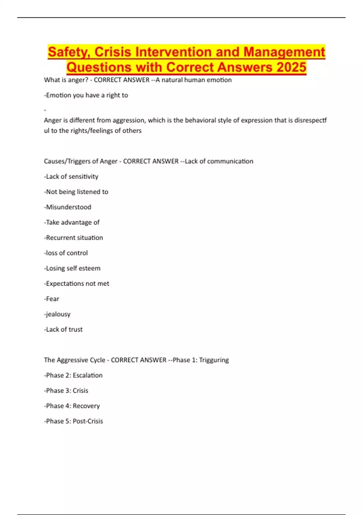 Safety, Crisis Intervention and Management Questions with Correct ...
