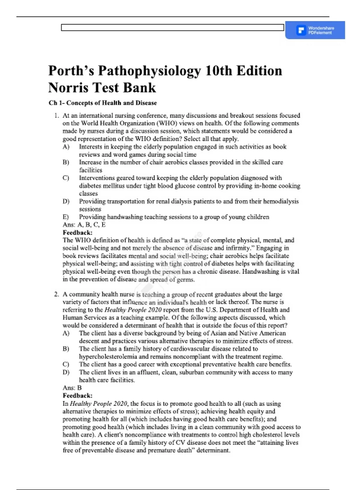 TEST BANK FOR PORTH’S PATHOPHYSIOLOGY 10TH EDITION BY NORRIS ALL ...