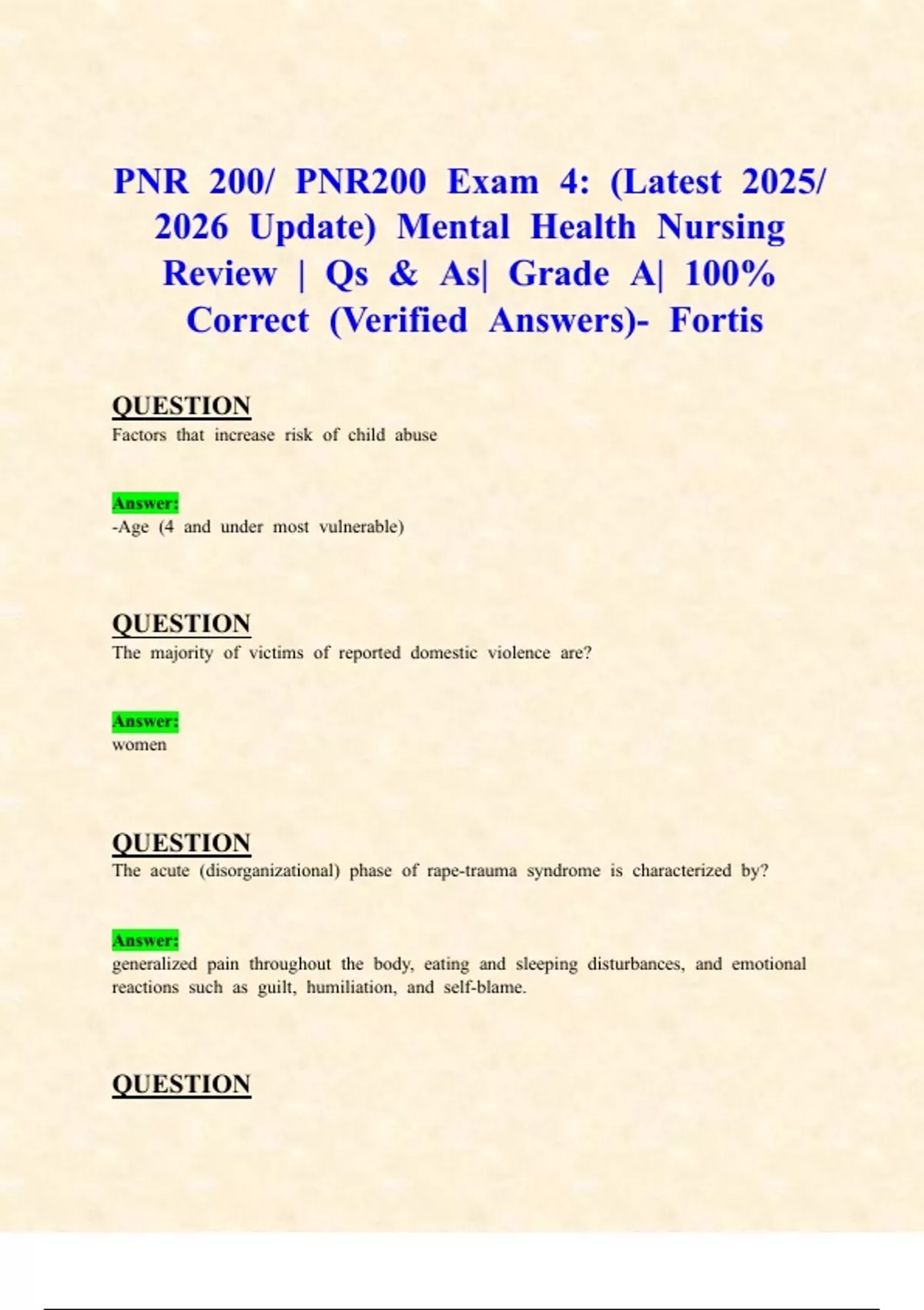 PNR 200/ PNR200 Exam 4: (Latest 2025/ 2026 Update) Mental Health ...