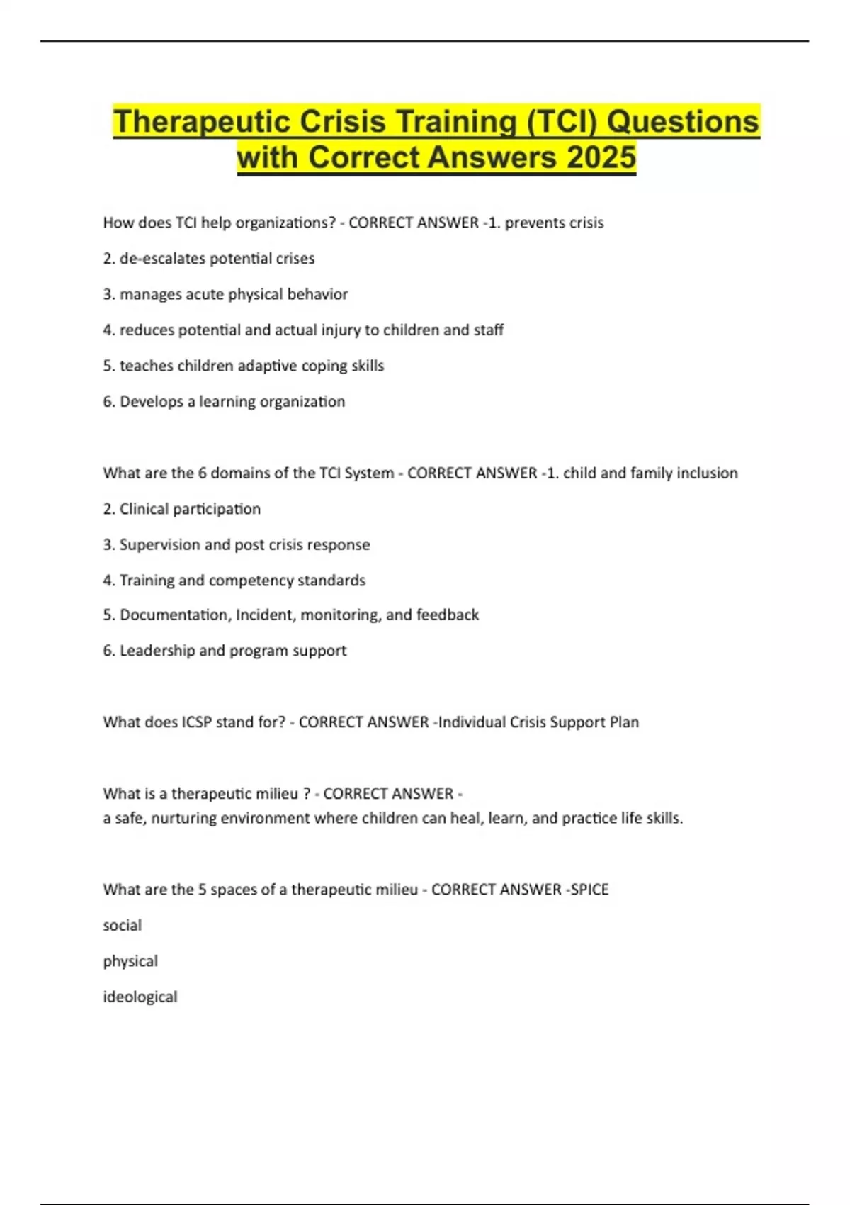 Therapeutic Crisis Training (TCI) Questions with Correct Answers 2025 ...