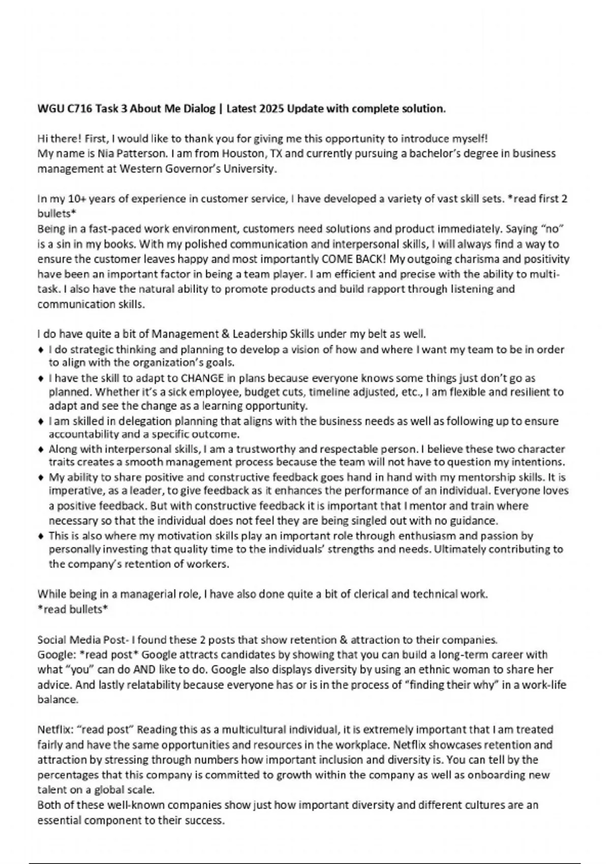 WGU C716 Task 3 About Me Dialog | Latest 2025 Update with complete ...