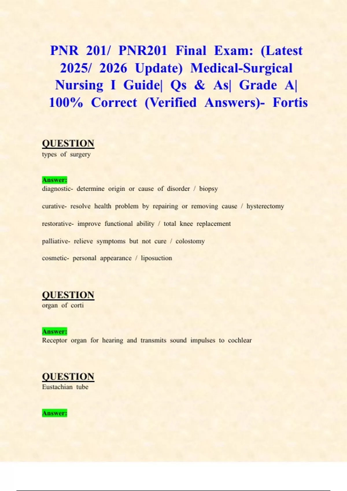 PNR 201/ PNR201 Final Exam: (Latest 2025/ 2026 Update) Medical-Surgical ...