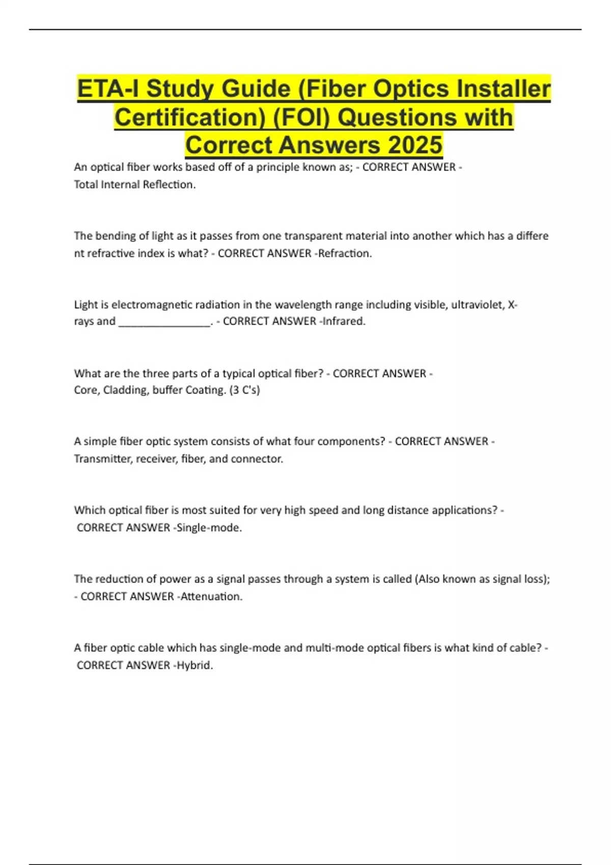 ETA-I Study Guide (Fiber Optics Installer Certification) (FOI) Questions with Correct Answers ...