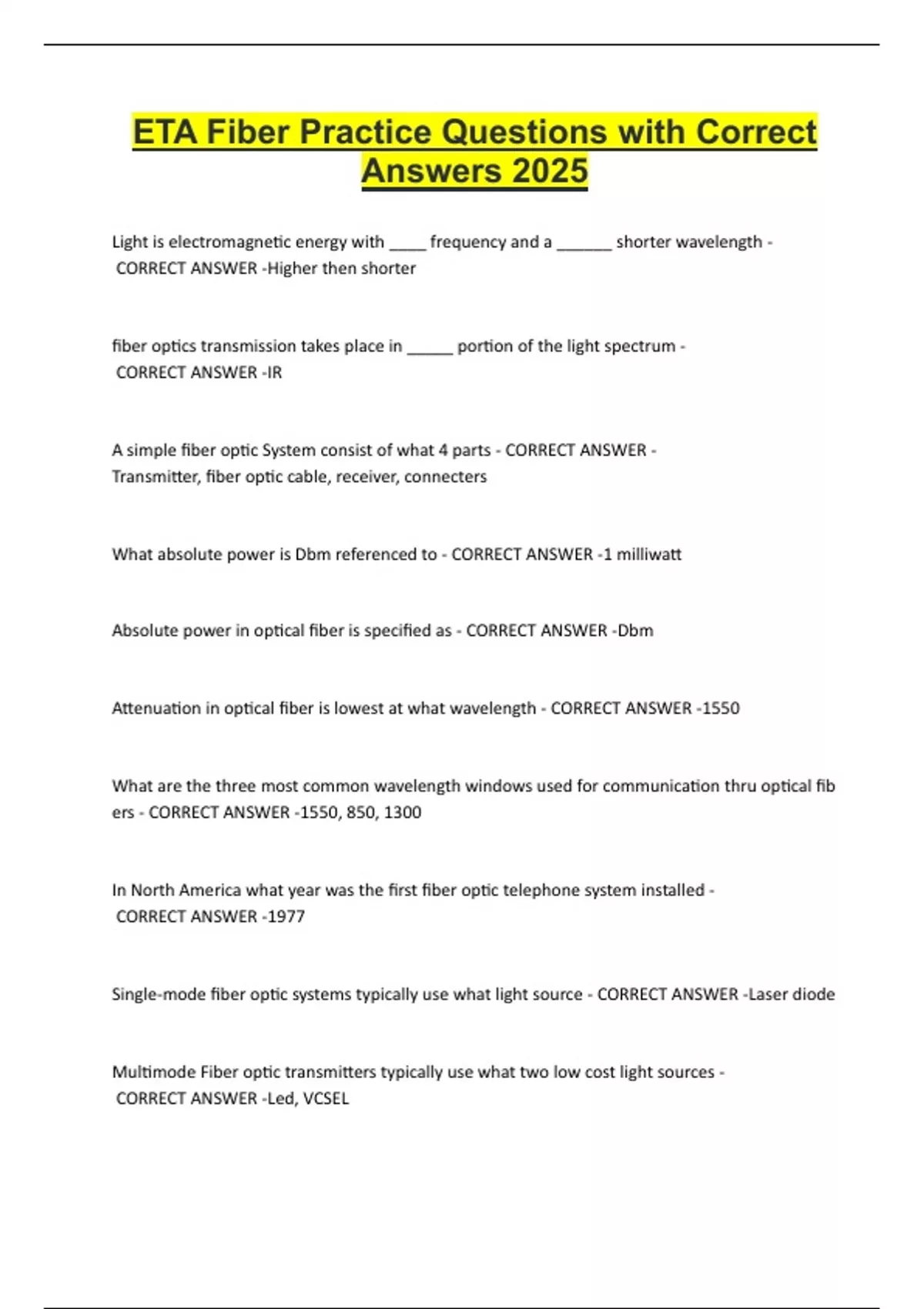 ETA Fiber Practice Questions with Correct Answers 2025 - Certified ...