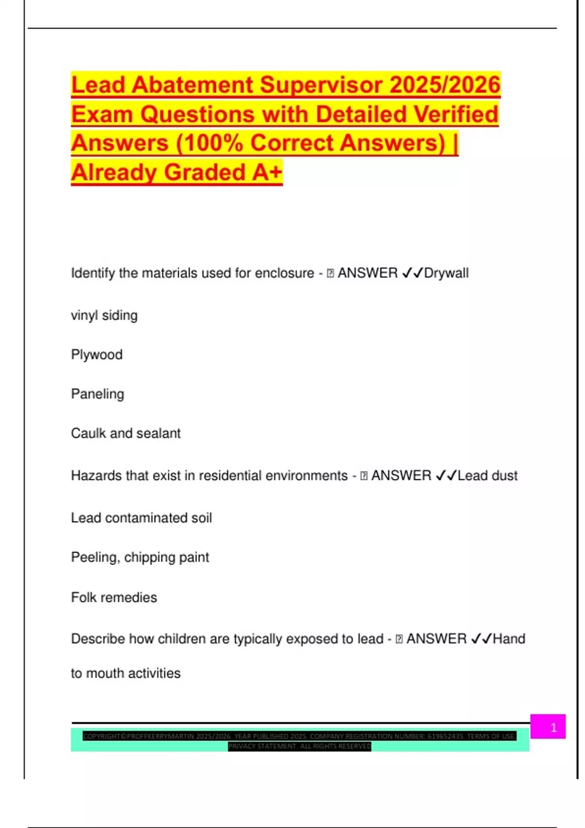 Lead Abatement Supervisor 2025/2026 Exam Questions with Detailed ...