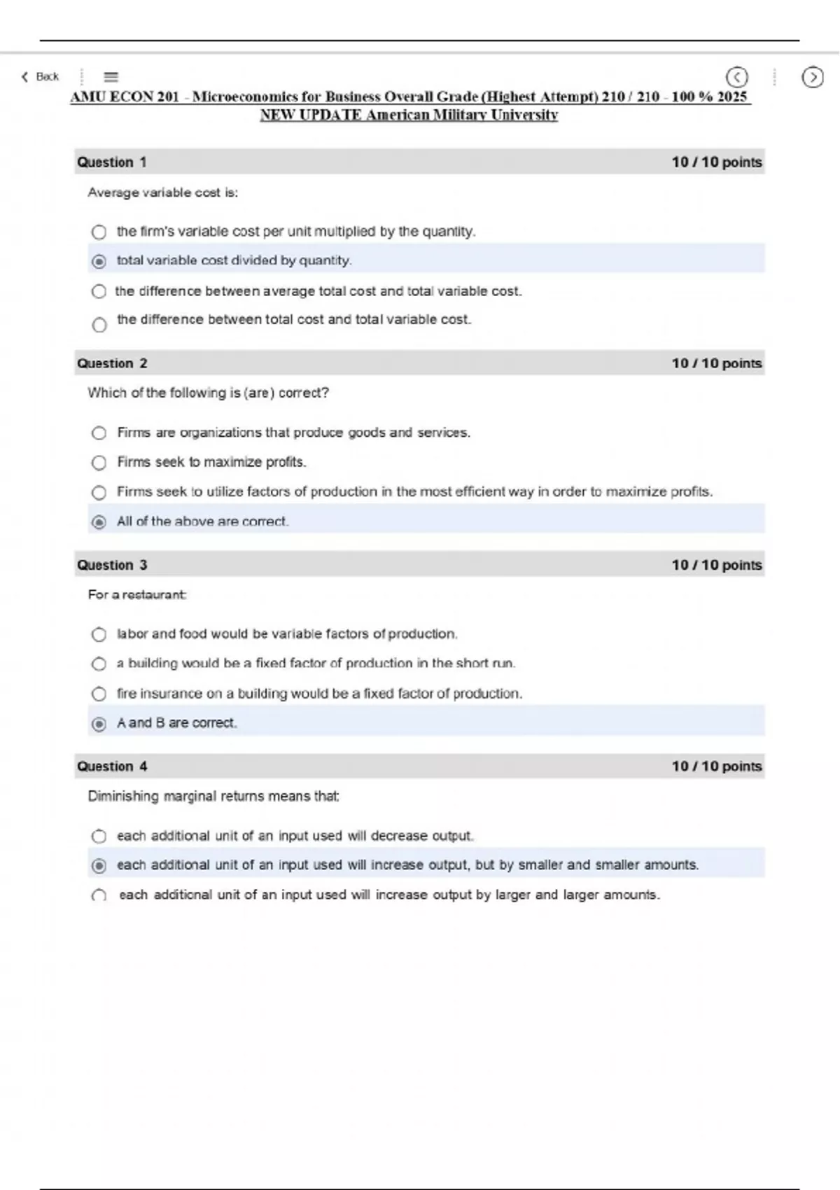 AMU ECON 201 - Microeconomics for Business Overall Grade Week 5 (Highest Attempt) 210 / 210 ...