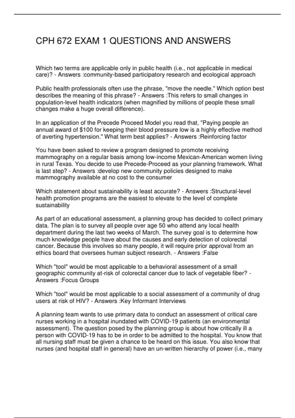 CPH 672 EXAM 1 QUESTIONS AND ANSWERS - CPH 672 - Stuvia US