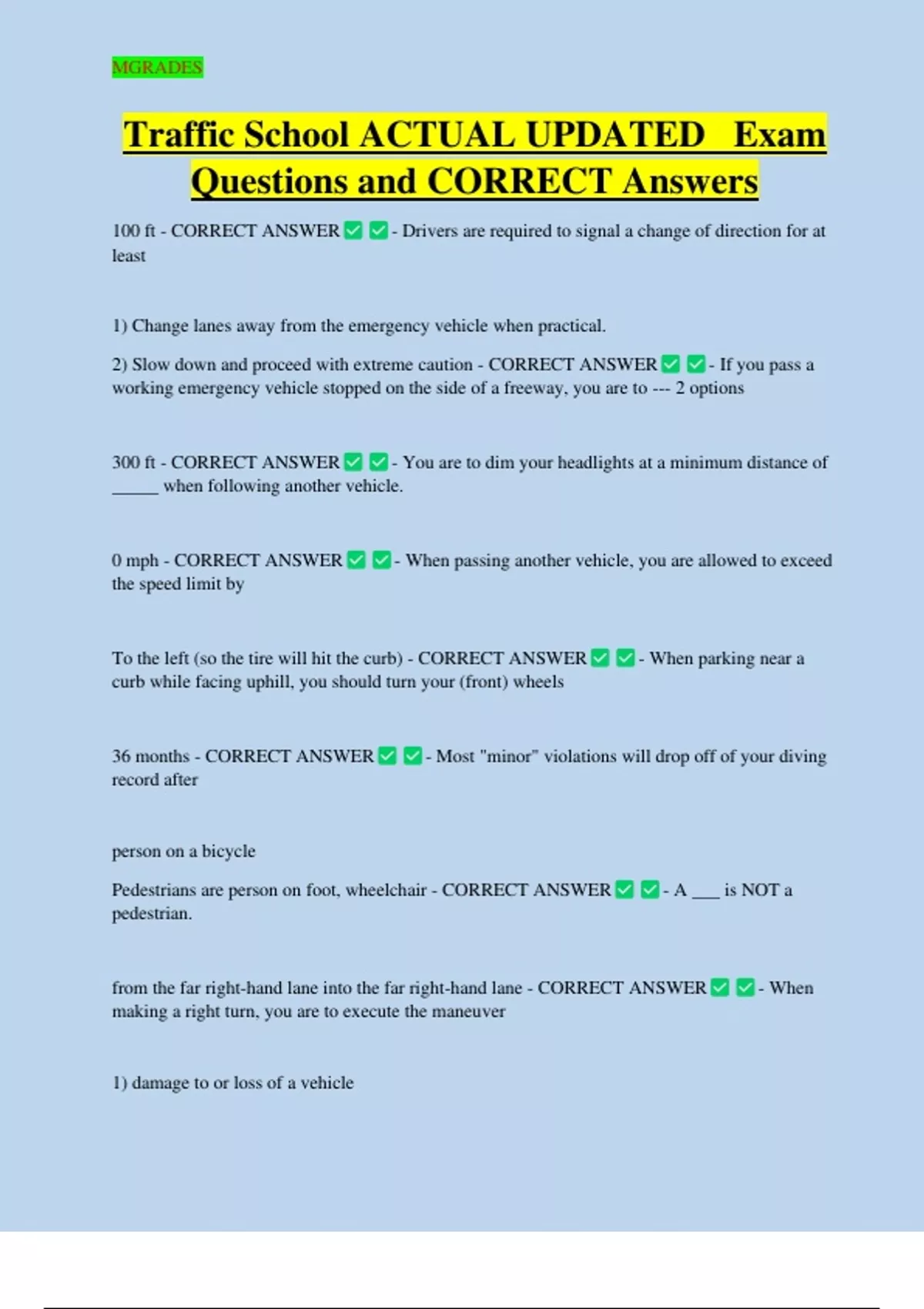 Traffic School ACTUAL UPDATED Exam Questions and CORRECT Answers ...